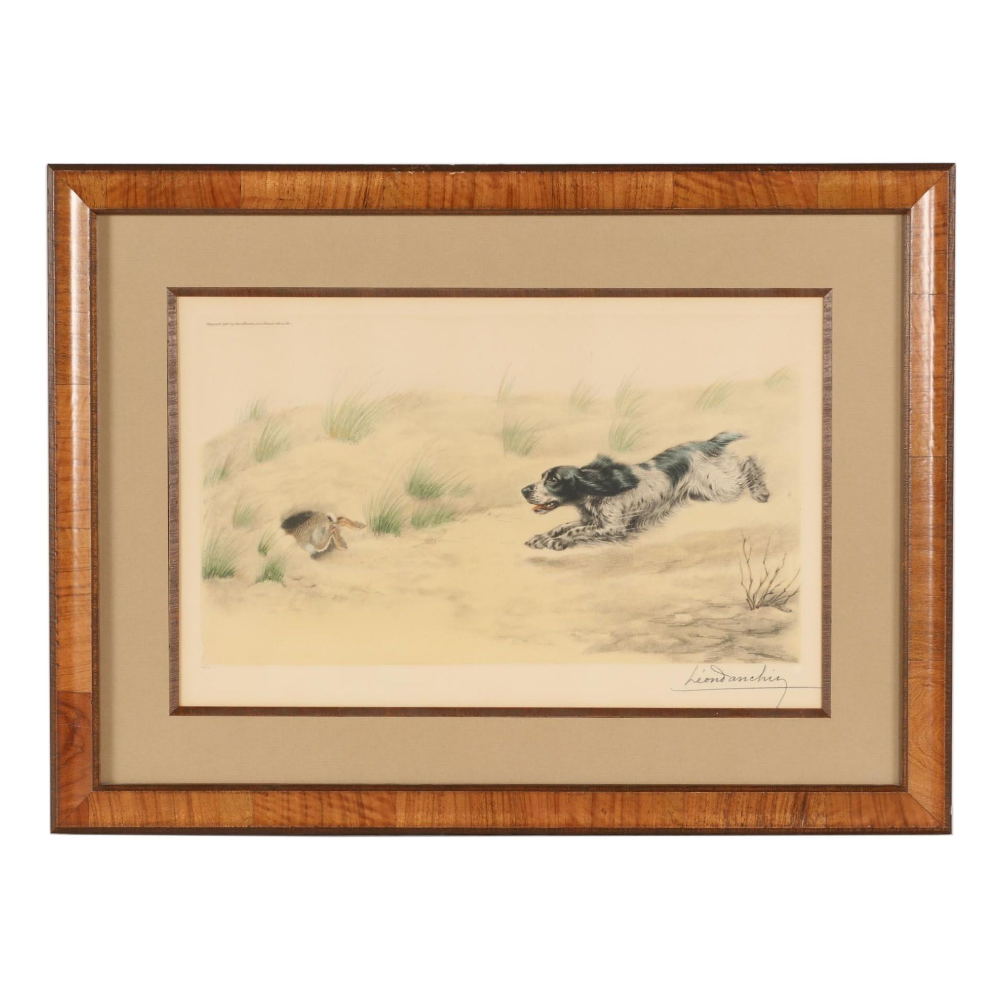 Leon Danchin Colored Etching of Spaniel Chasing Rabbit | EBTH