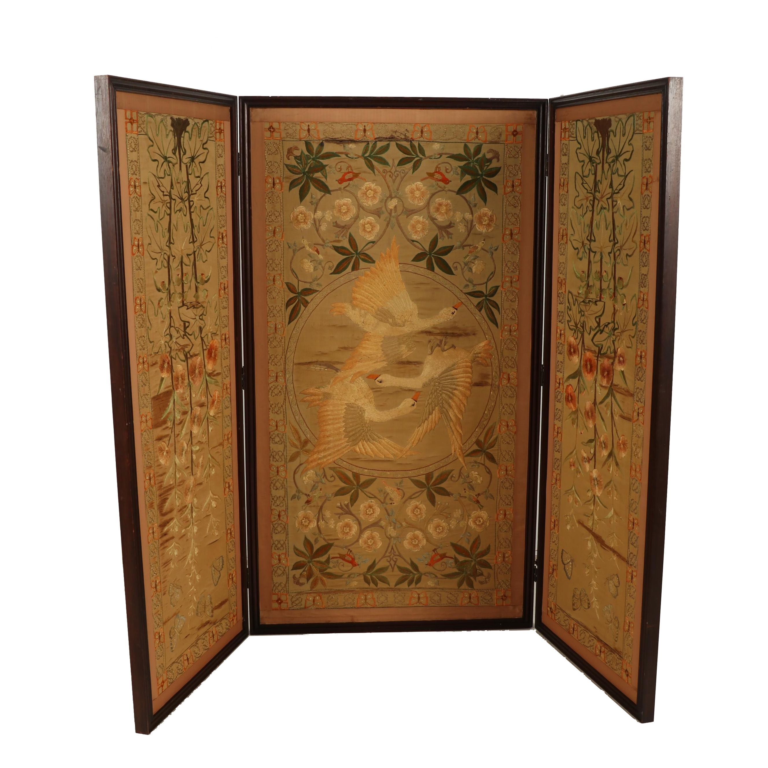 Chinese Embroidered Silk Three Panel Folding Screen | EBTH