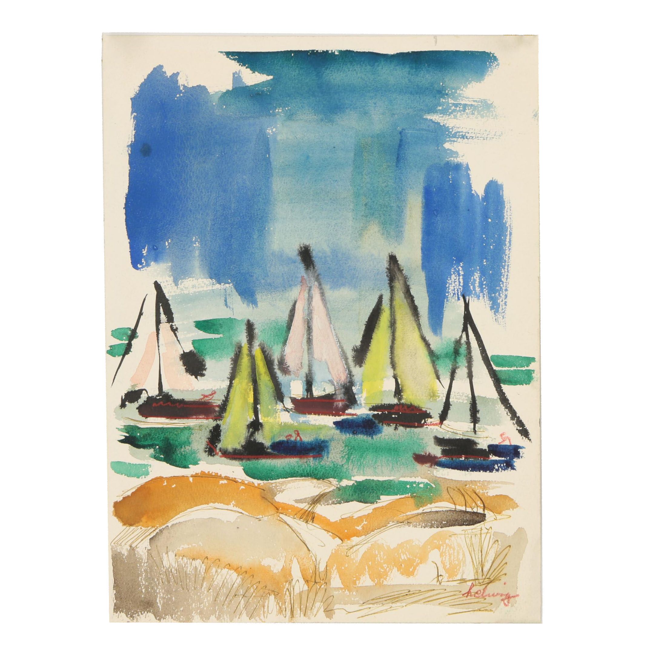 Arthur Helwig Watercolor Painting of Abstract Nautical Scene | EBTH