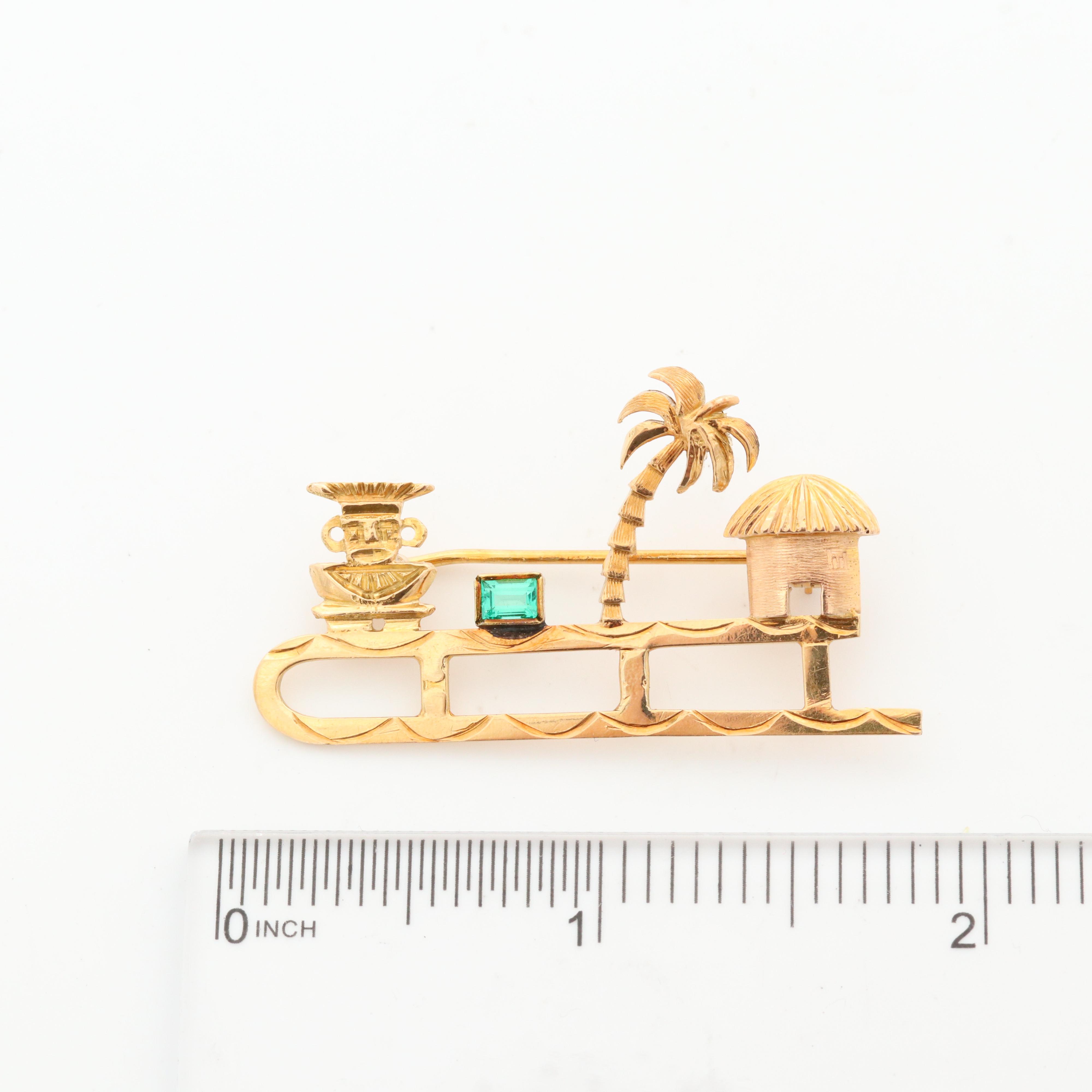 Vintage 18K Yellow Gold Emerald Tiki Themed Brooch | Everything But The ...