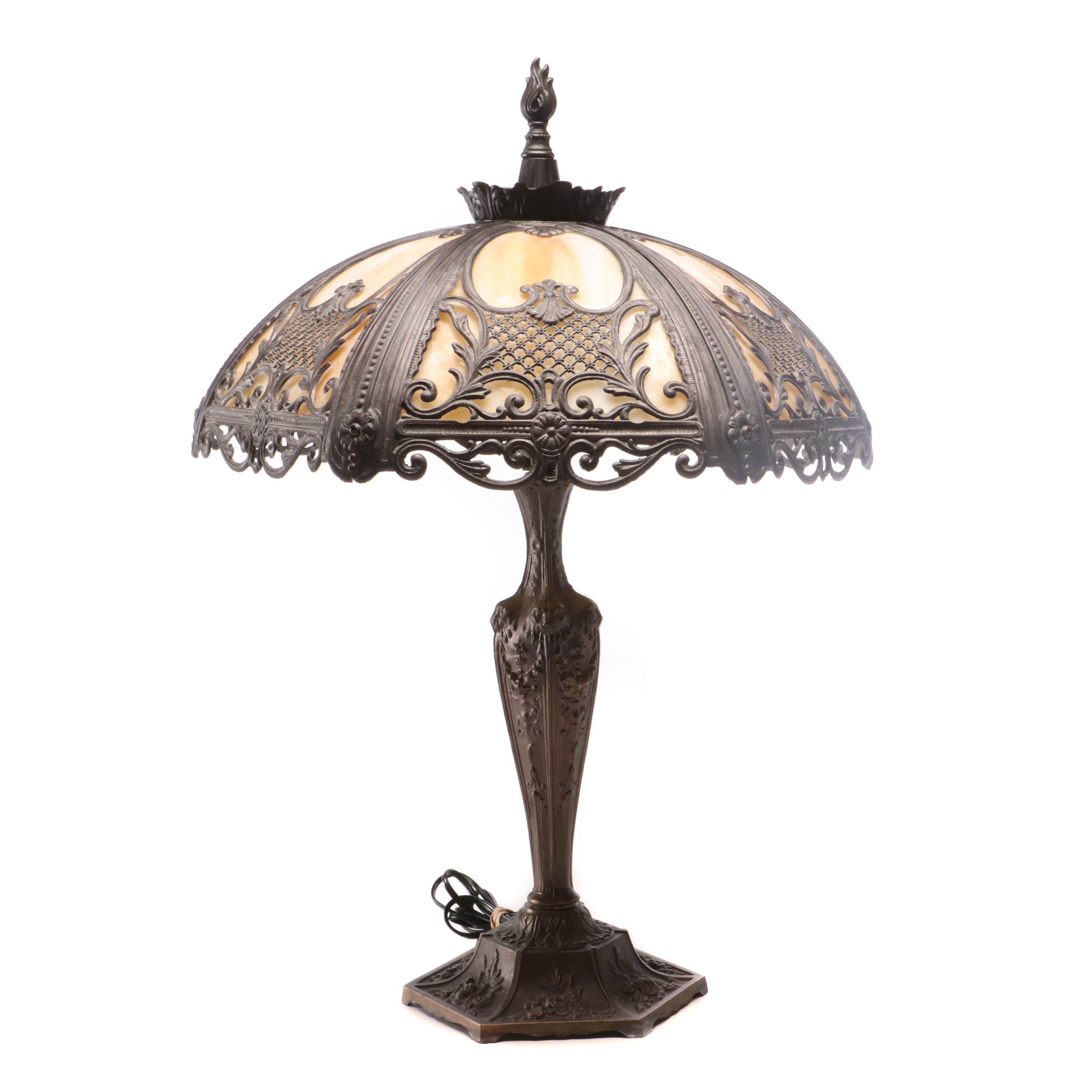Pittsburgh Style Brass and Slag Glass Panel Table Lamp | EBTH