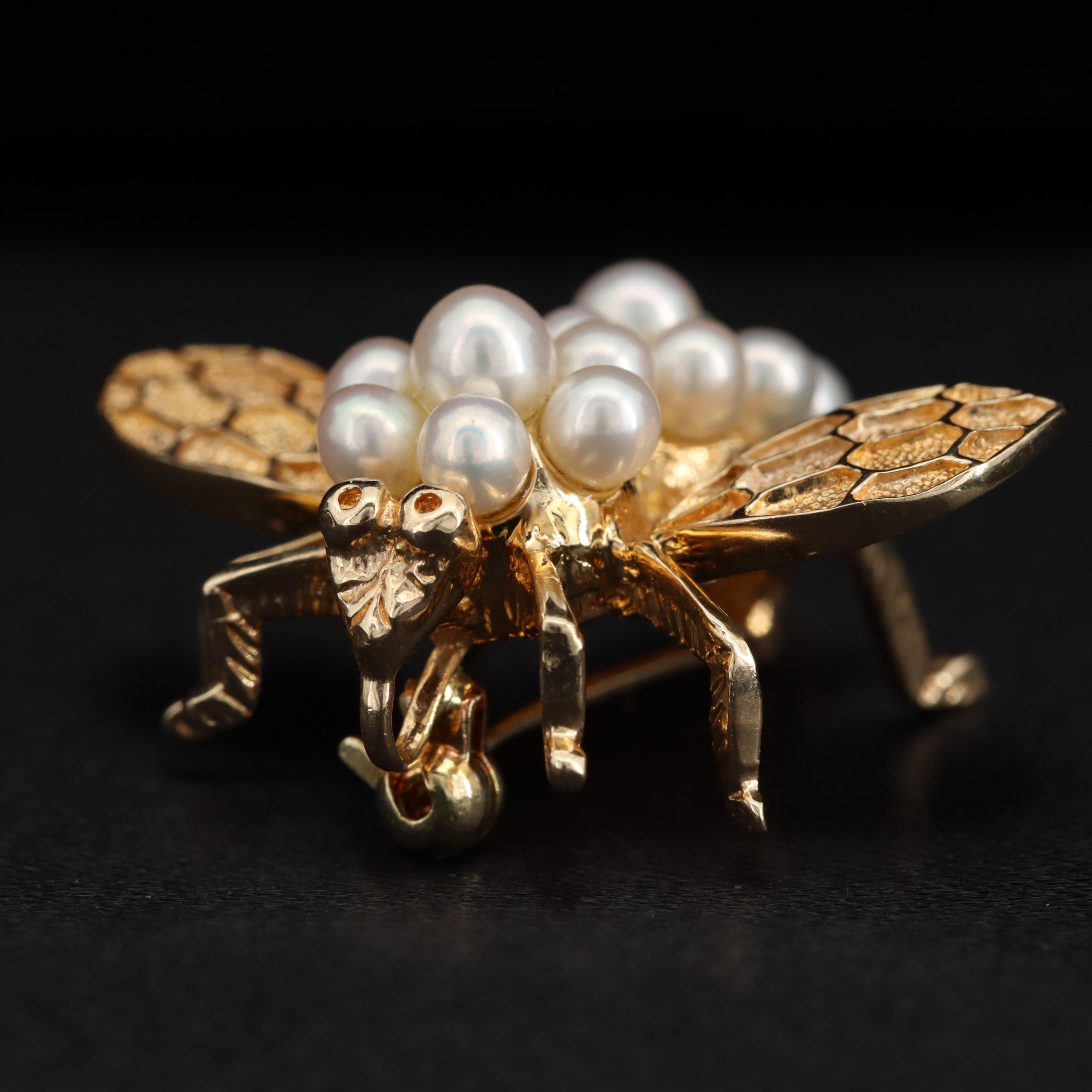 14K Yellow Gold Cultured Pearl Fly Brooch | EBTH