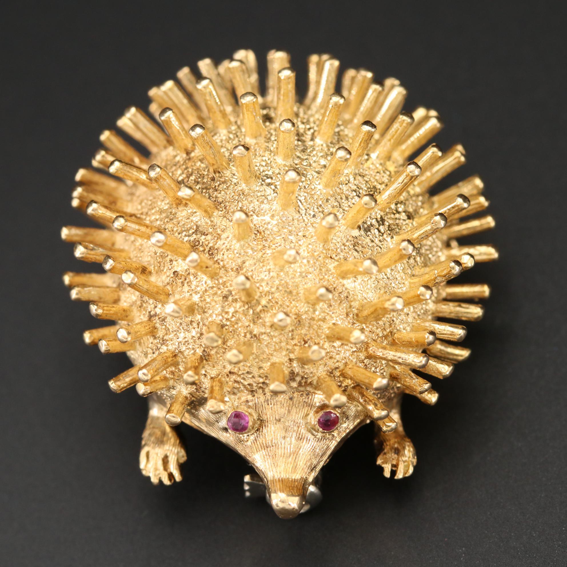 Vintage 18K Yellow Gold Hedgehog Brooch With Ruby Eyes | Everything But ...