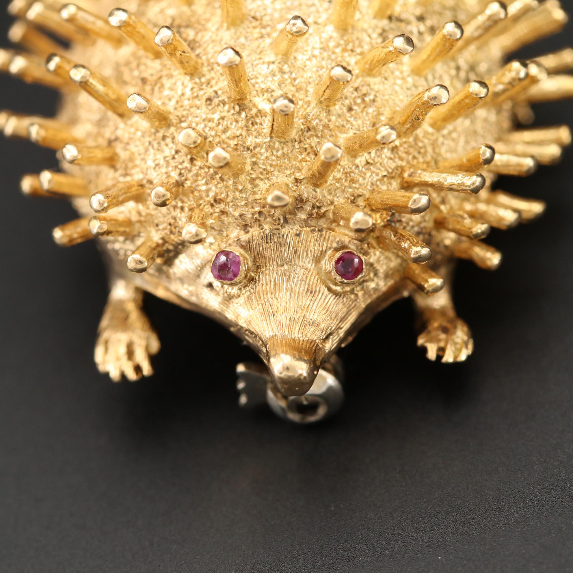 Vintage 18K Yellow Gold Hedgehog Brooch With Ruby Eyes | Everything But ...