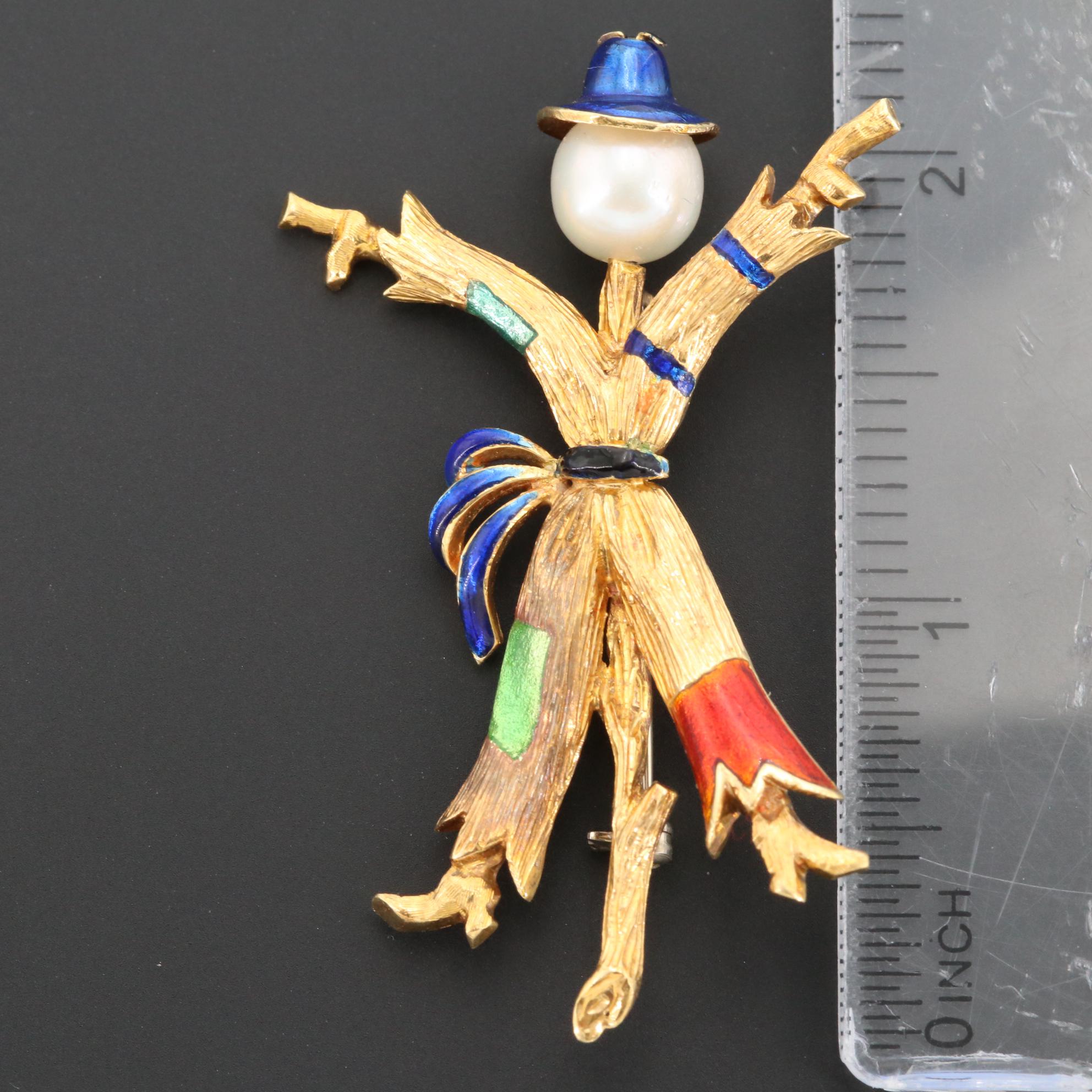 18K Yellow Gold Cultured Pearl and Enamel Scarecrow Brooch | EBTH