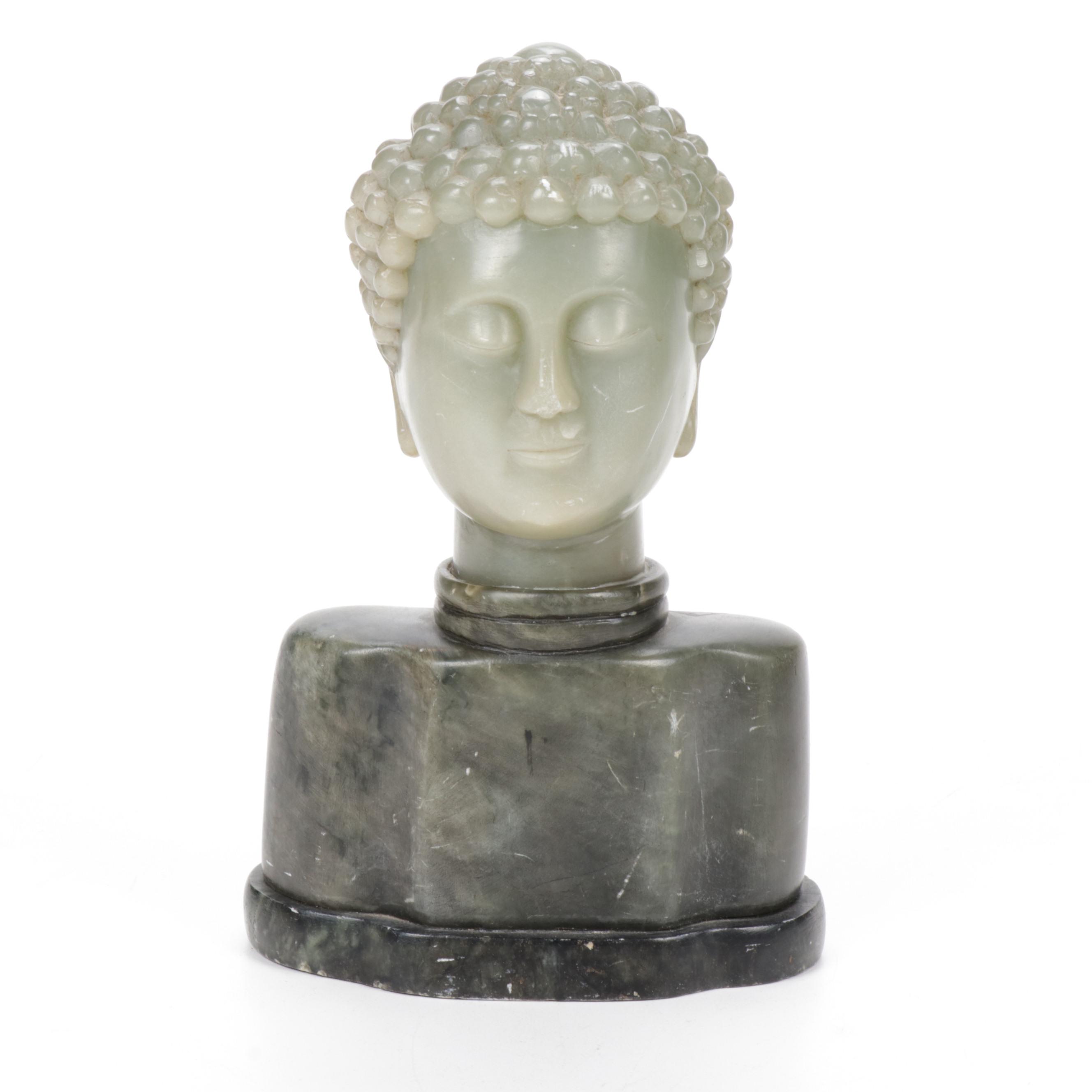 East Asian Carved Soapstone Buddha Bust Sculpture | EBTH