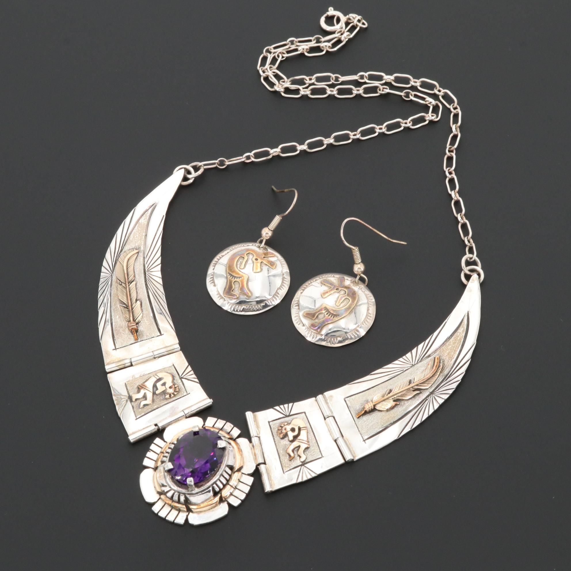 Russell Sam Navajo Diné Sterling Silver Amethyst Necklace wit Kokopelli ...