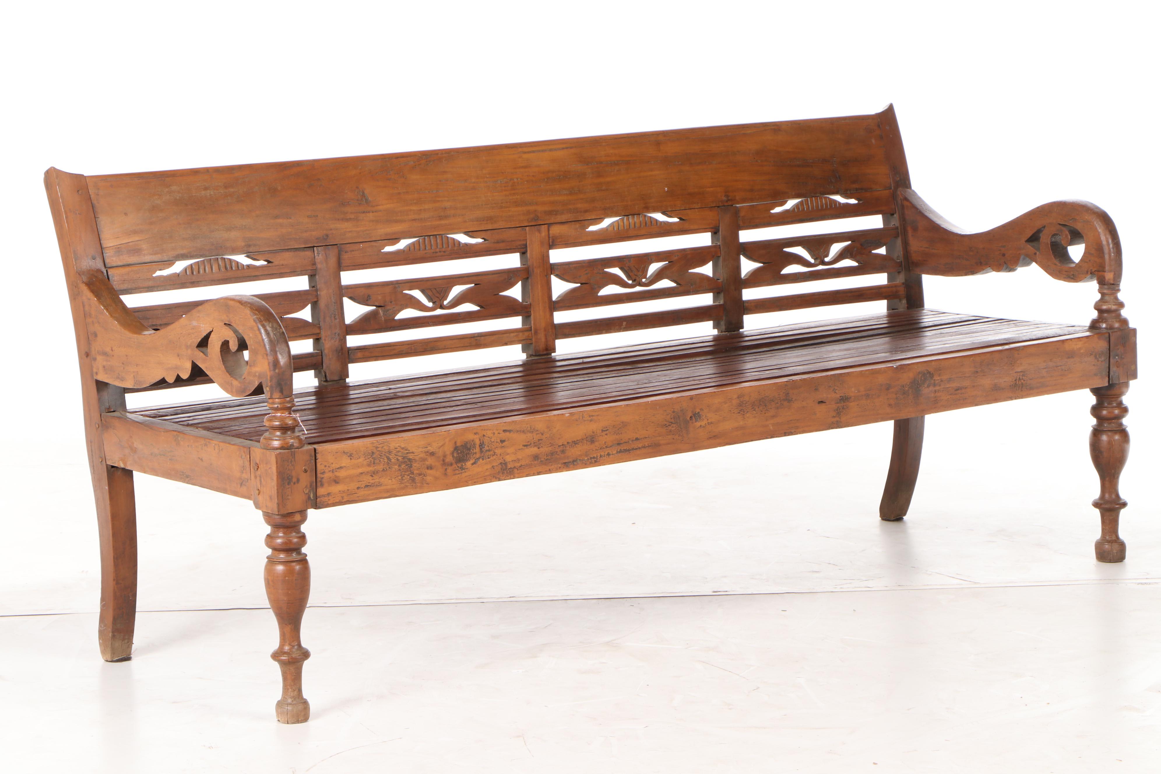Balinese Carved Hardwood Bench with Custom-Upholstered Cushion | EBTH
