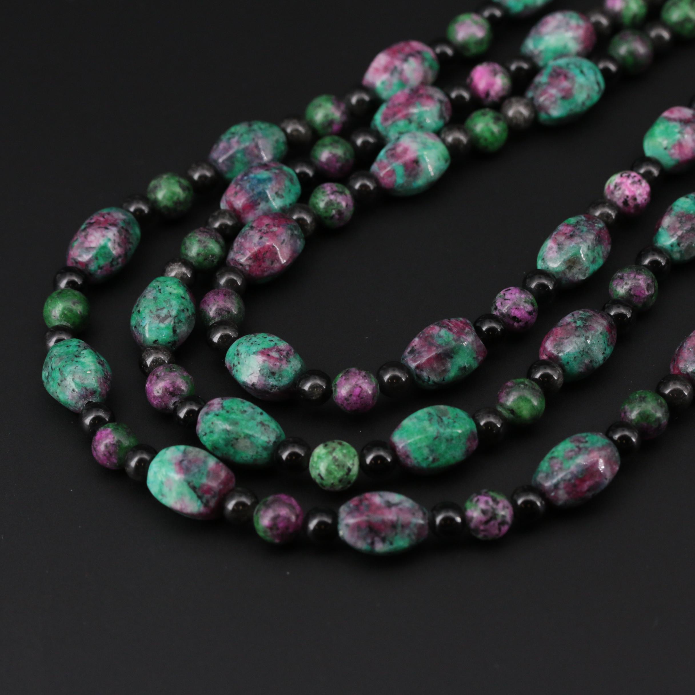 Ruby in Zoisite and Obsidian Triple Strand Necklace With Sterling ...
