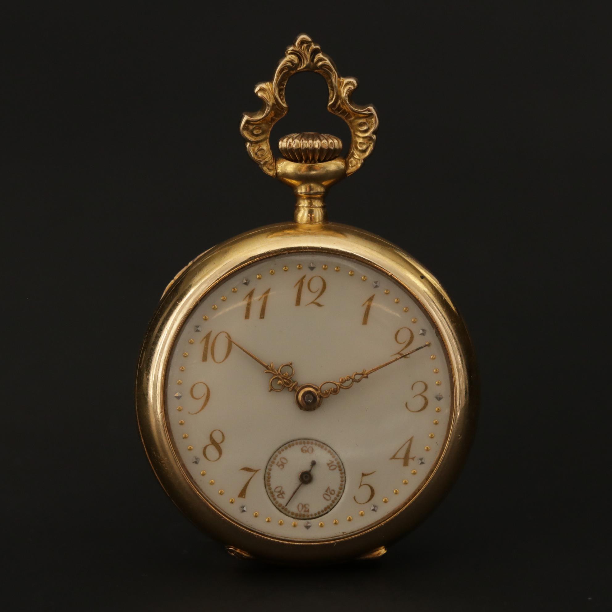 Antique Swiss 18K Gold Open Face Diamond and Ruby Pocket Watch | EBTH