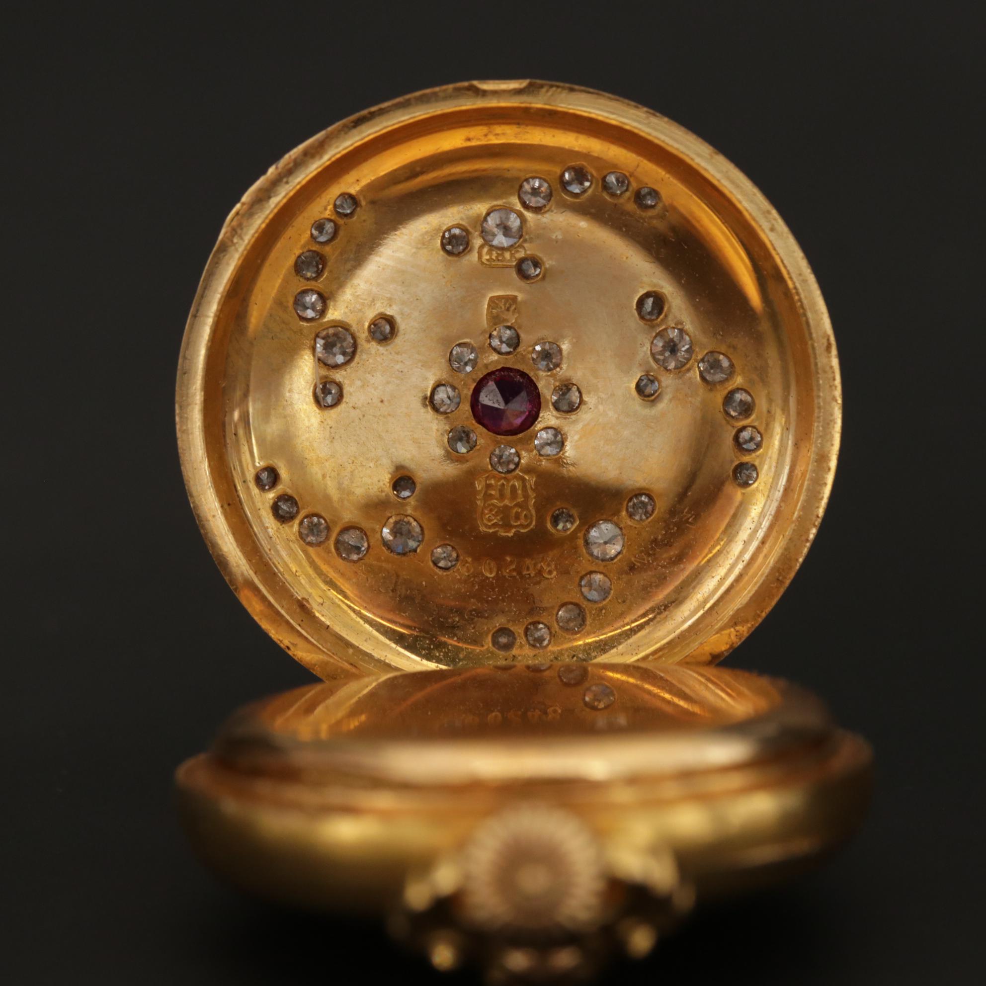 Antique Swiss 18K Gold Open Face Diamond and Ruby Pocket Watch | EBTH