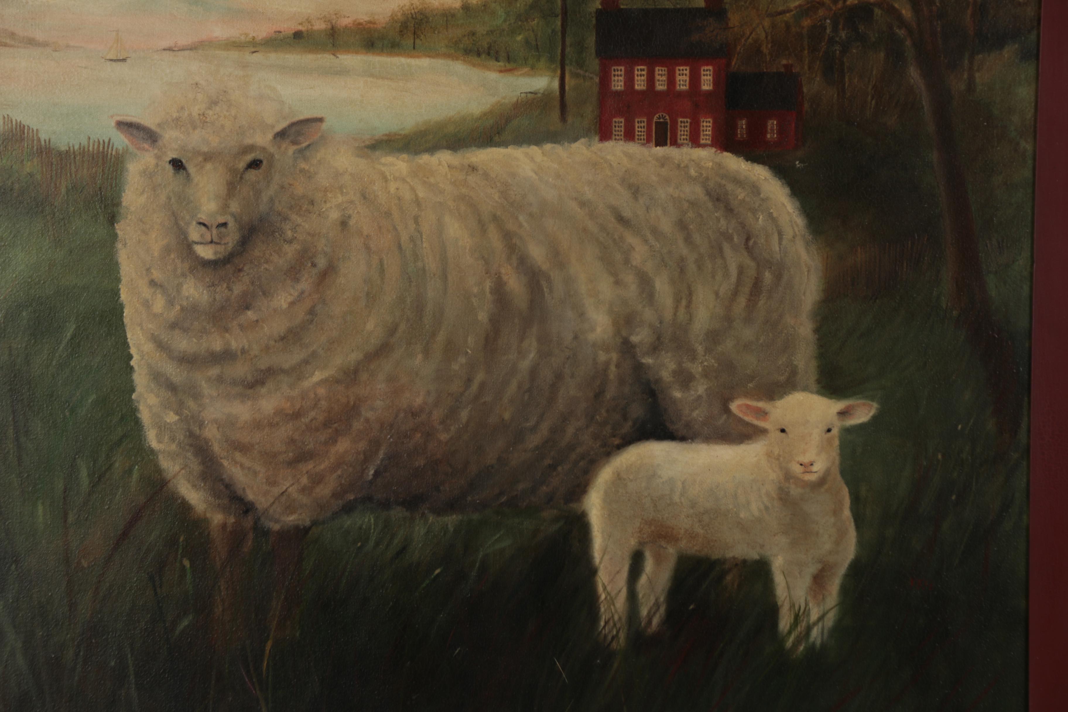 Elizabeth Gilkey Folk Art Oil Painting of Sheep | EBTH