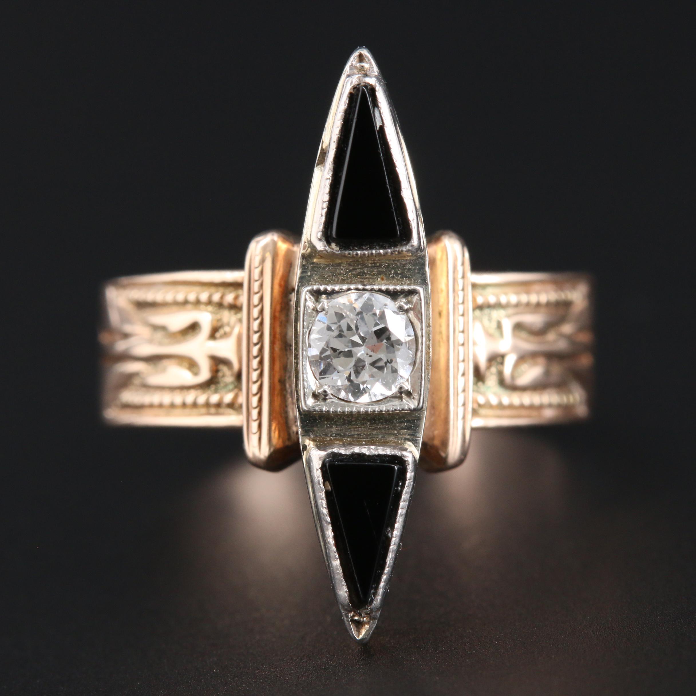 Vintage 10K Diamond and Black Onyx Ring with Palladium Top | EBTH