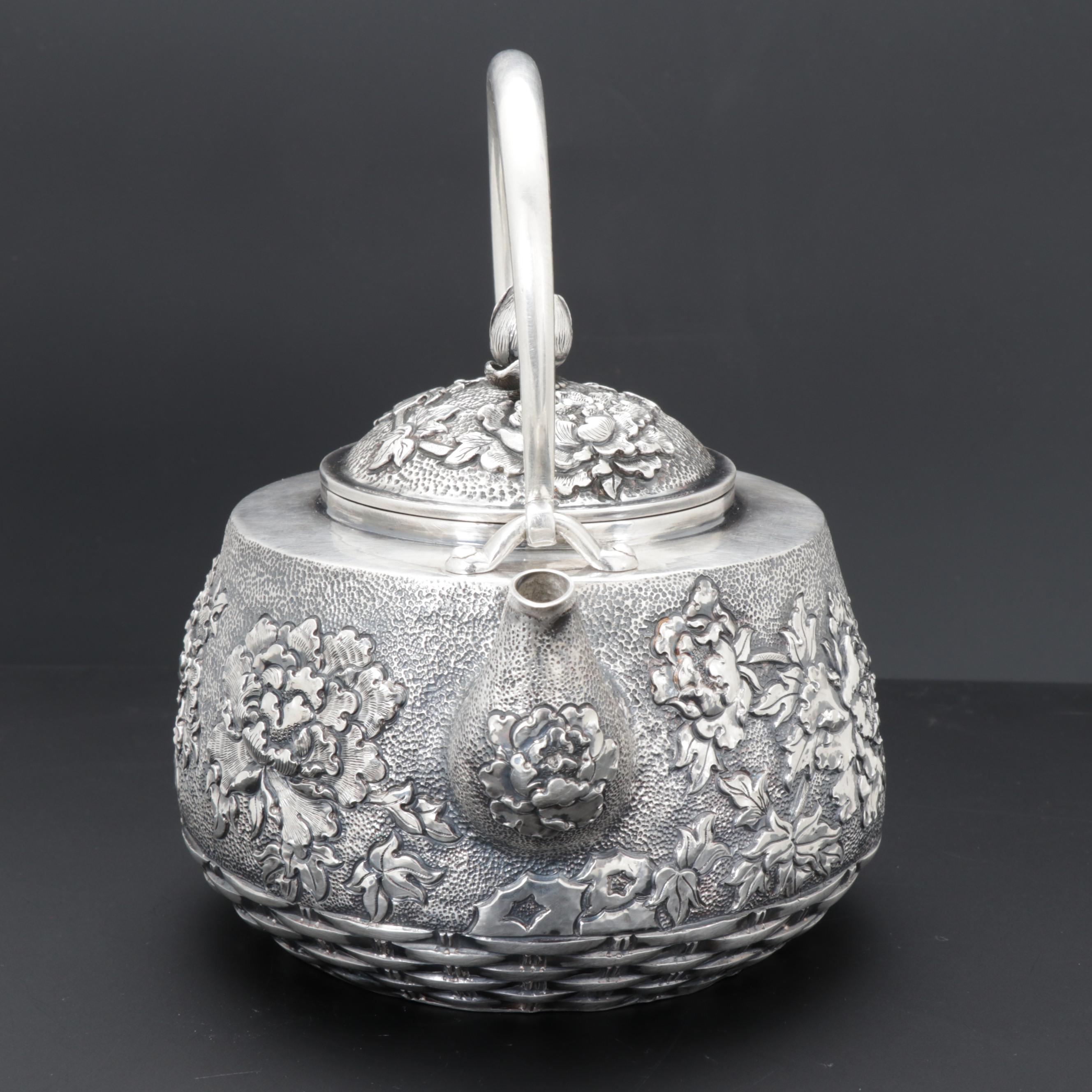 Samurai Shokai Japanese Sterling Silver Repoussé Peony Teapot, Meiji ...