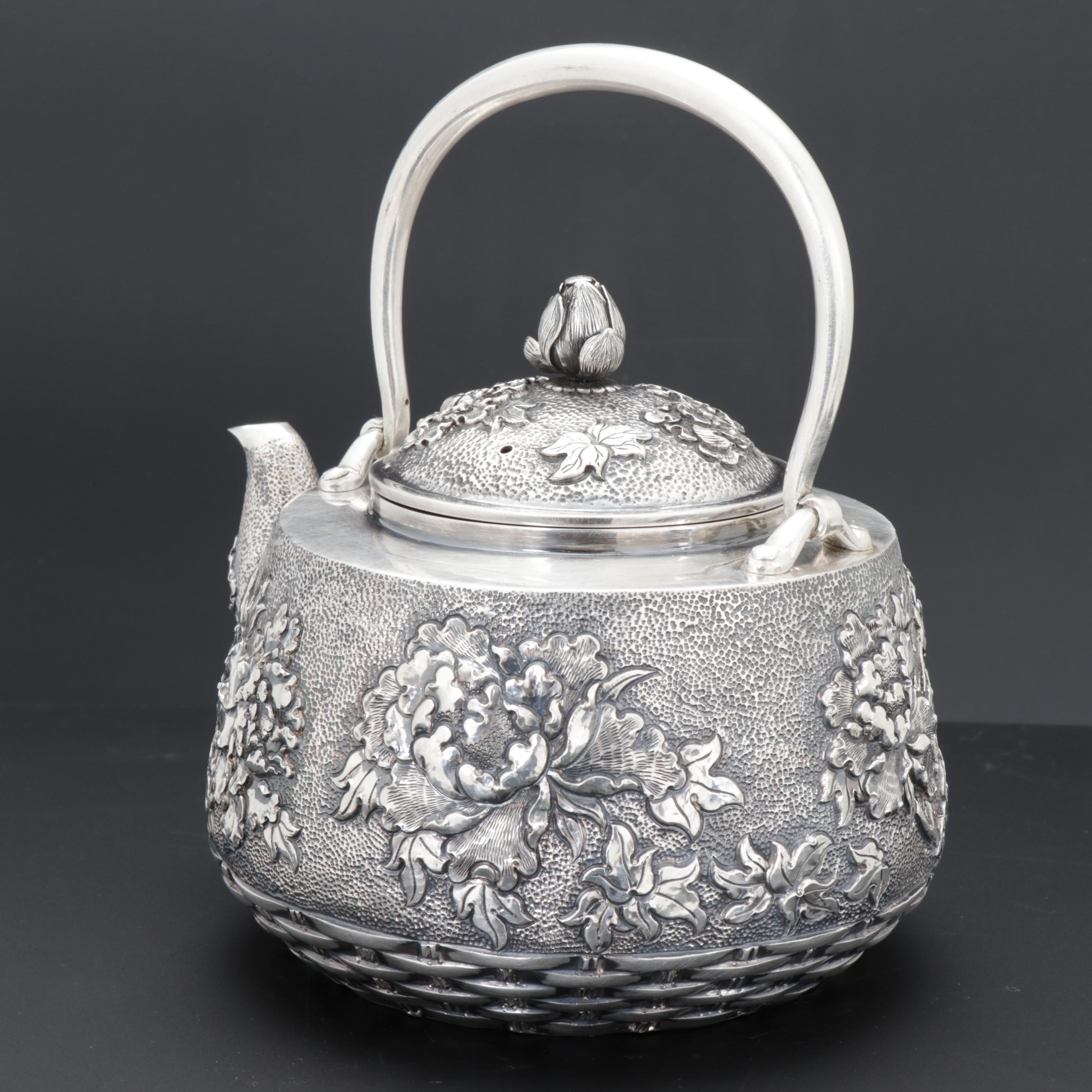 Samurai Shokai Japanese Sterling Silver Repoussé Peony Teapot, Meiji ...