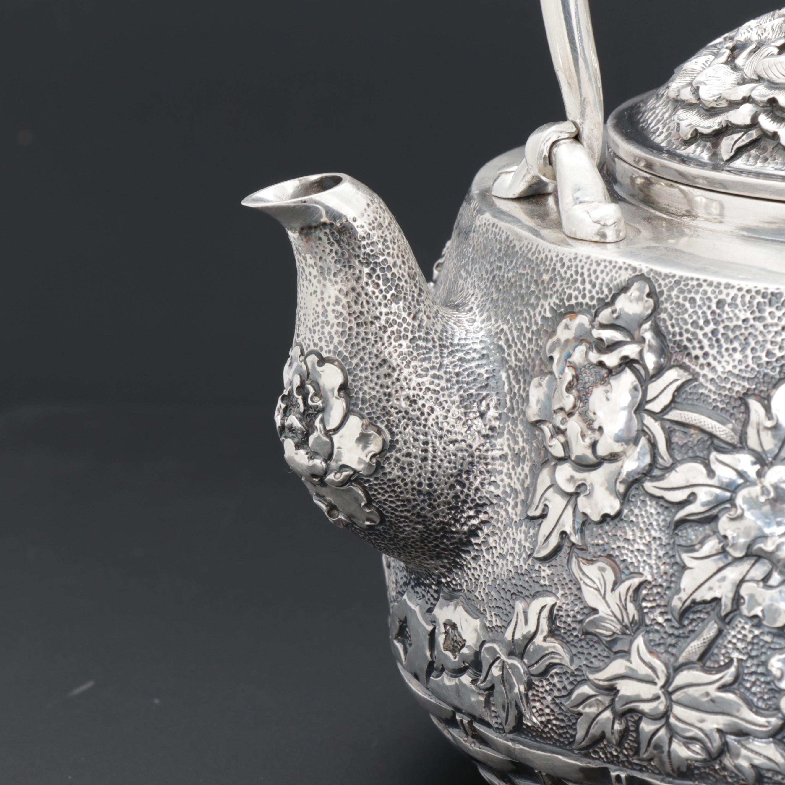 Samurai Shokai Japanese Sterling Silver Repoussé Peony Teapot, Meiji ...