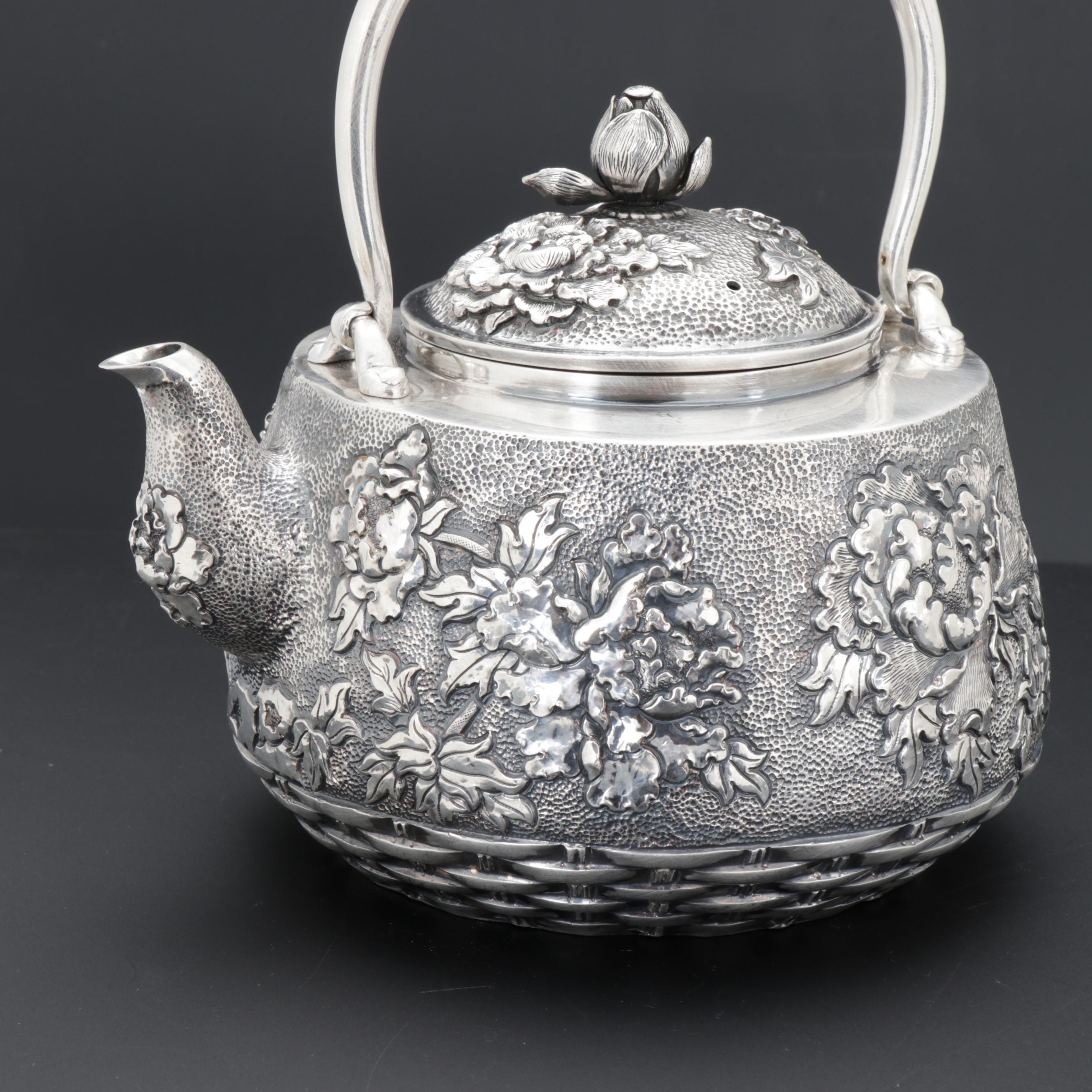 Samurai Shokai Japanese Sterling Silver Repoussé Peony Teapot, Meiji ...