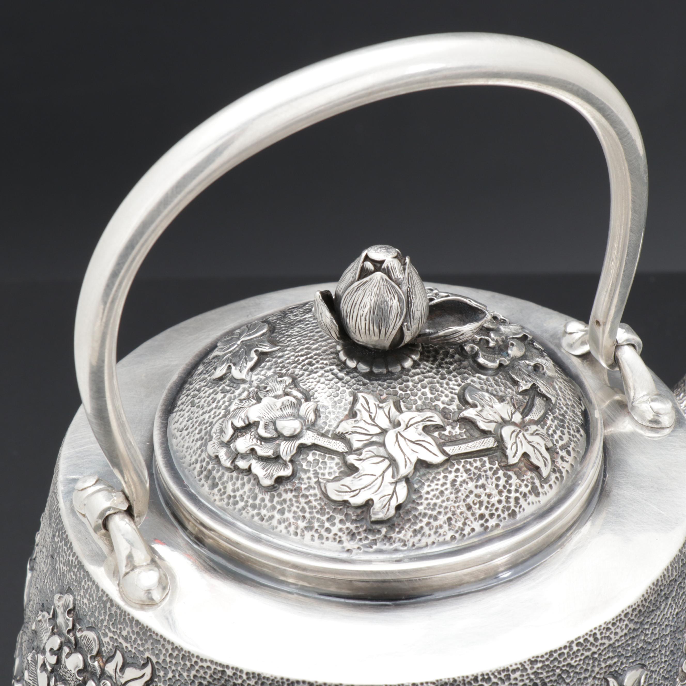 Samurai Shokai Japanese Sterling Silver Repoussé Peony Teapot, Meiji ...