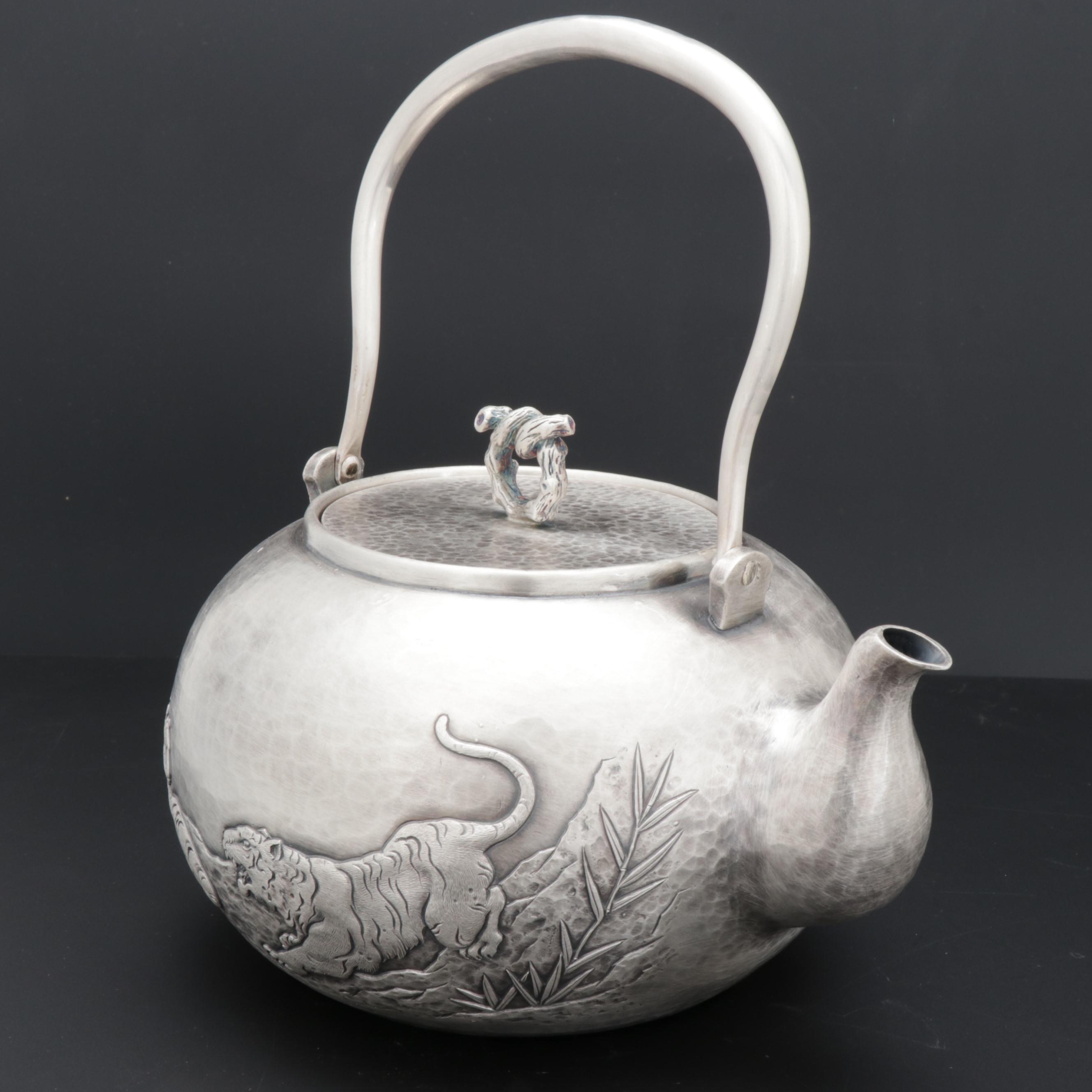 Konoike Silversmiths Fine Silver Repoussé Tiger Teapot, Meiji Period ...