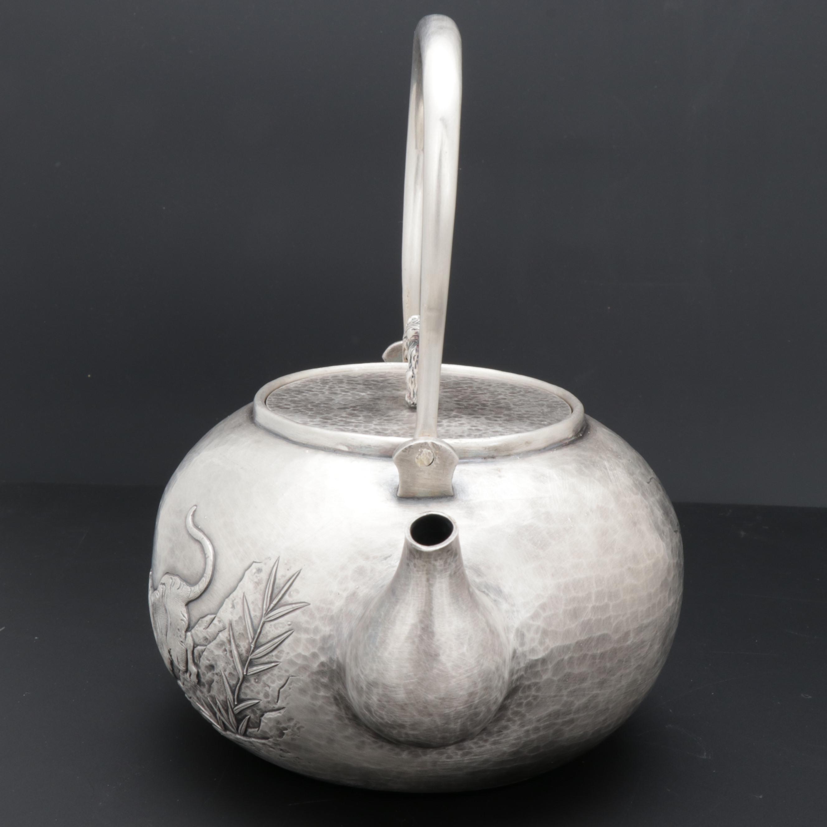 Konoike Silversmiths Fine Silver Repoussé Tiger Teapot, Meiji Period | EBTH