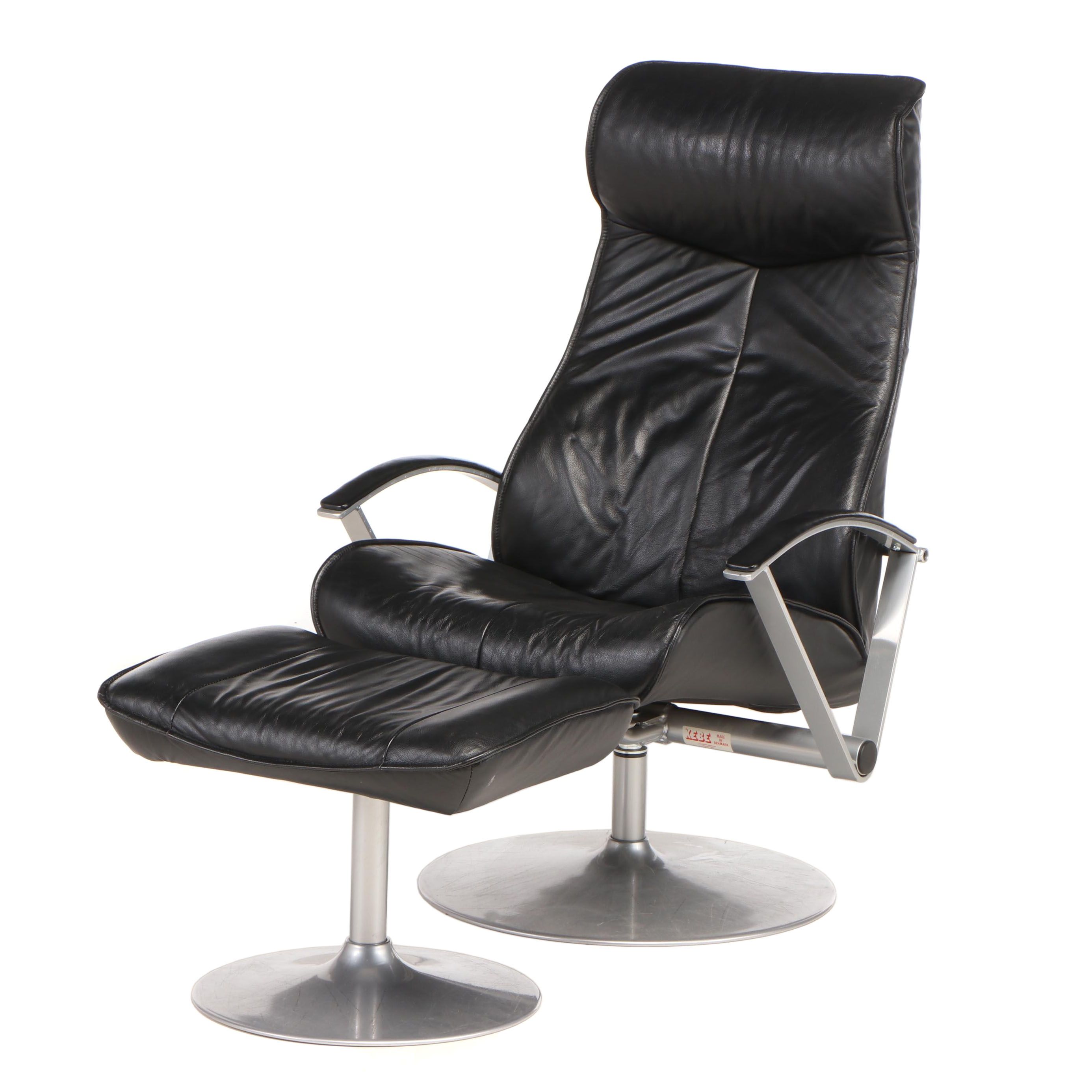 Danish Modern KEBE Furniture Leather Swivel Recliner and Ottoman | EBTH