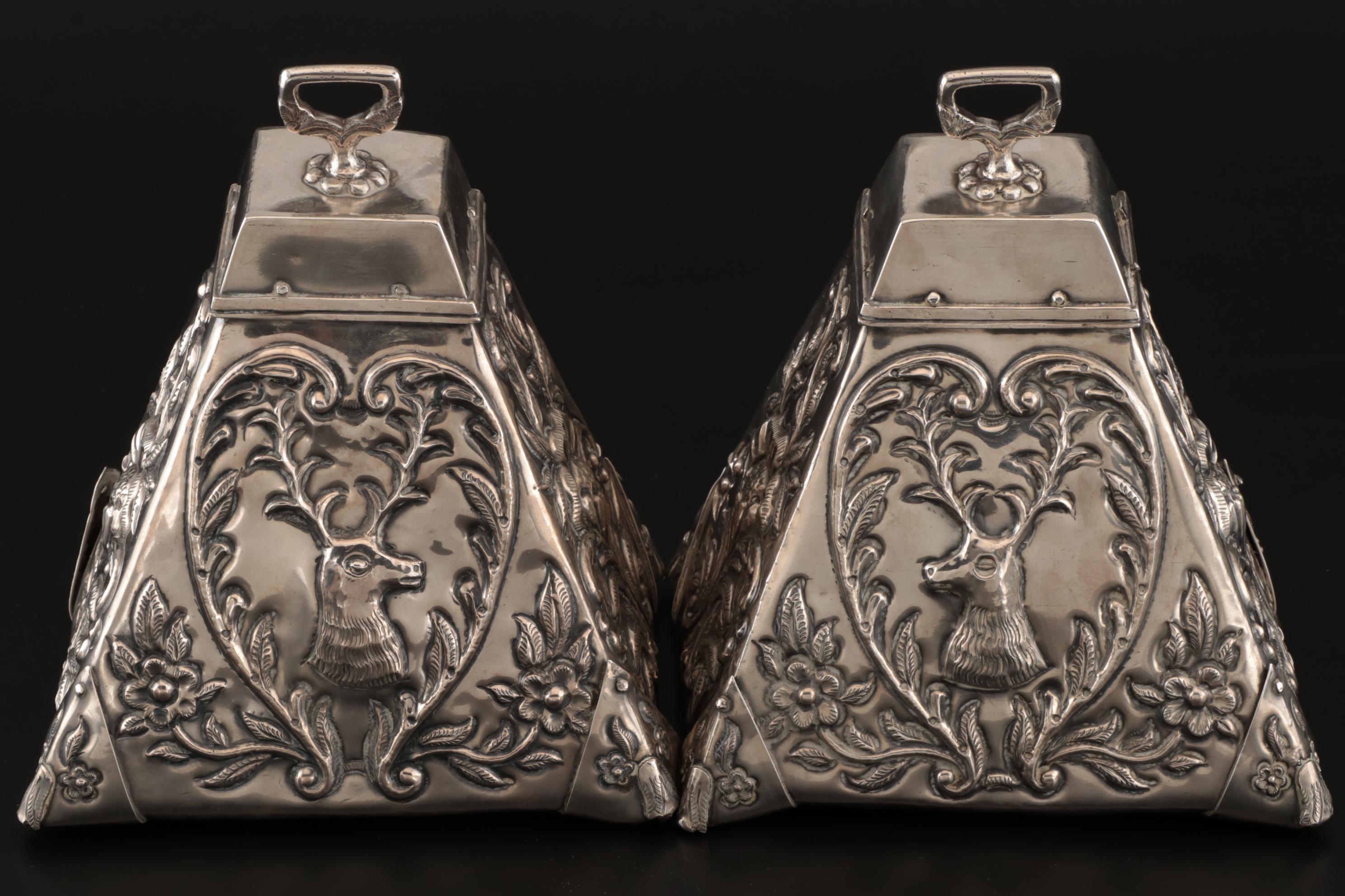 Pair of Spanish Colonial Style Repoussé Sterling Silver Box Stirrups | EBTH