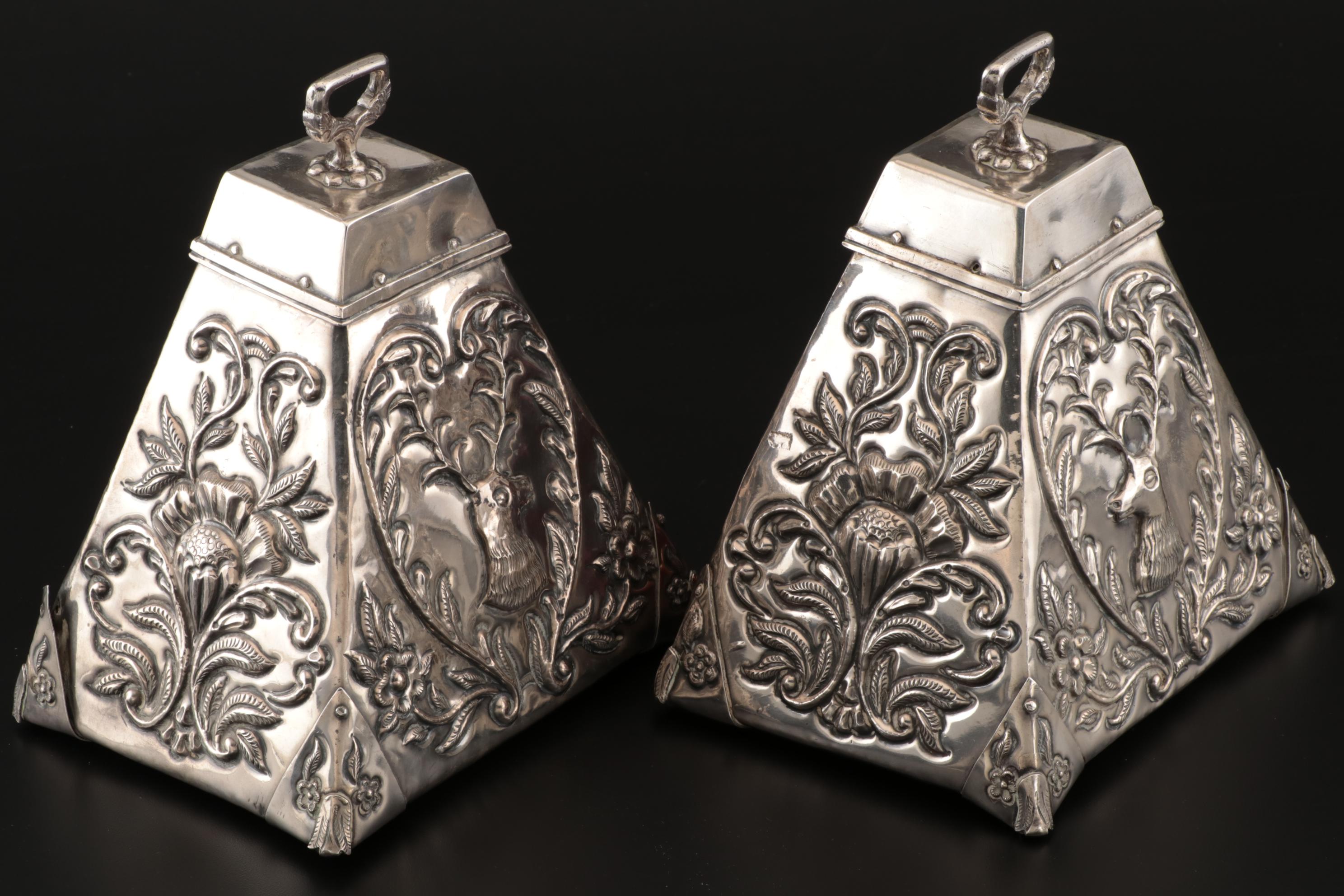 Pair of Spanish Colonial Style Repoussé Sterling Silver Box Stirrups | EBTH