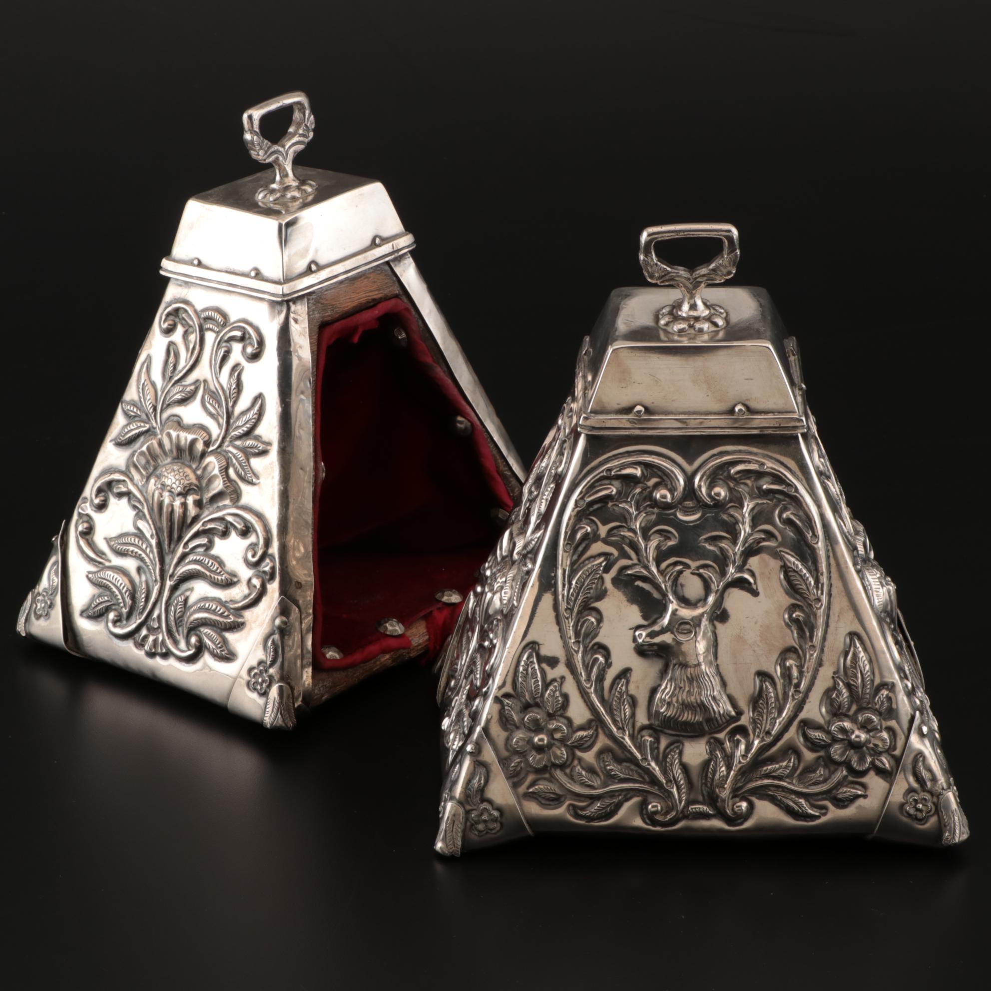 Pair of Spanish Colonial Style Repoussé Sterling Silver Box Stirrups | EBTH