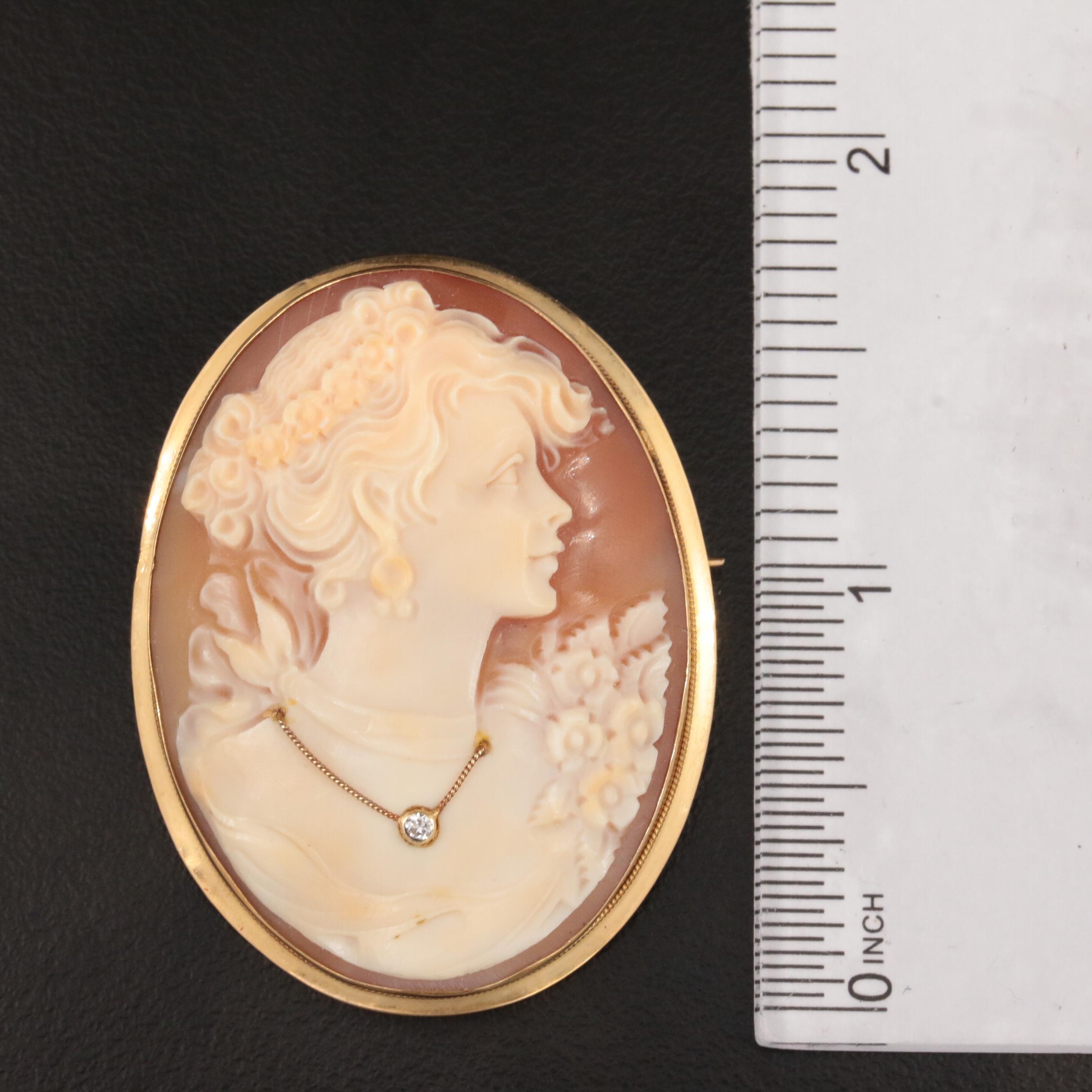 Circa 1950s 18K Carved Helmet Shell and Diamond Cameo Habillé Converter ...