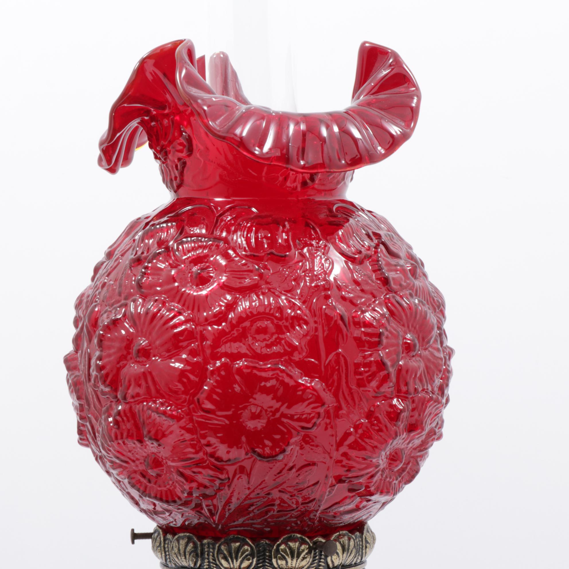 Fenton "Poppy" Ruby Red Double Globe Ruffled Glass Parlor Lamp | EBTH