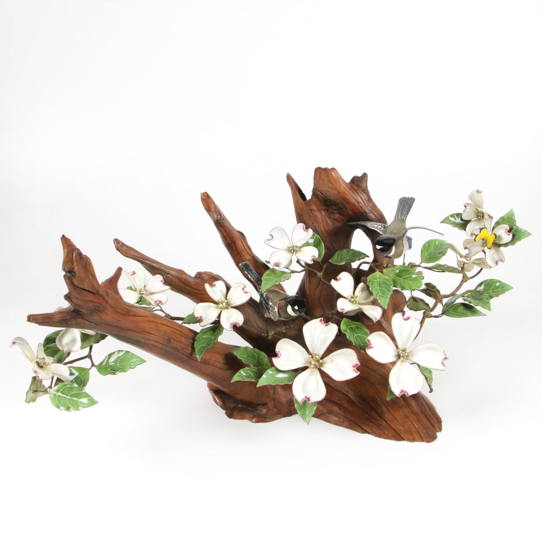 Norman Brumm Enameled Metal Sparrow and Dogwood Sculpture | Everything ...