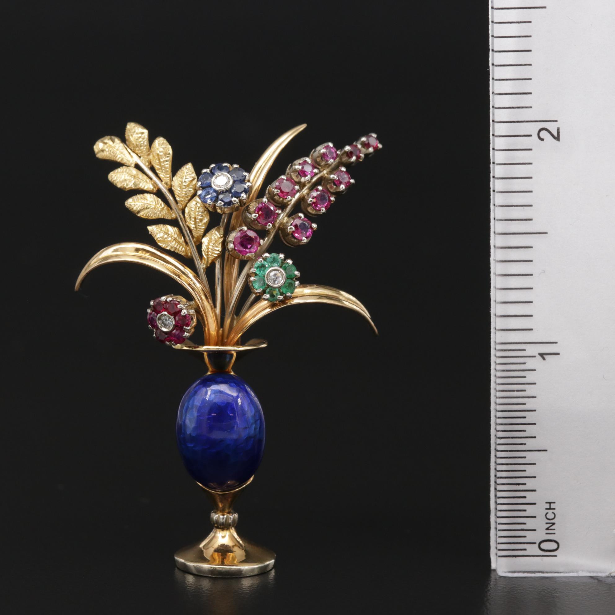 Vintage 18K Yellow Gold Floral Vase Brooch Featuring Ruby, Diamond and ...