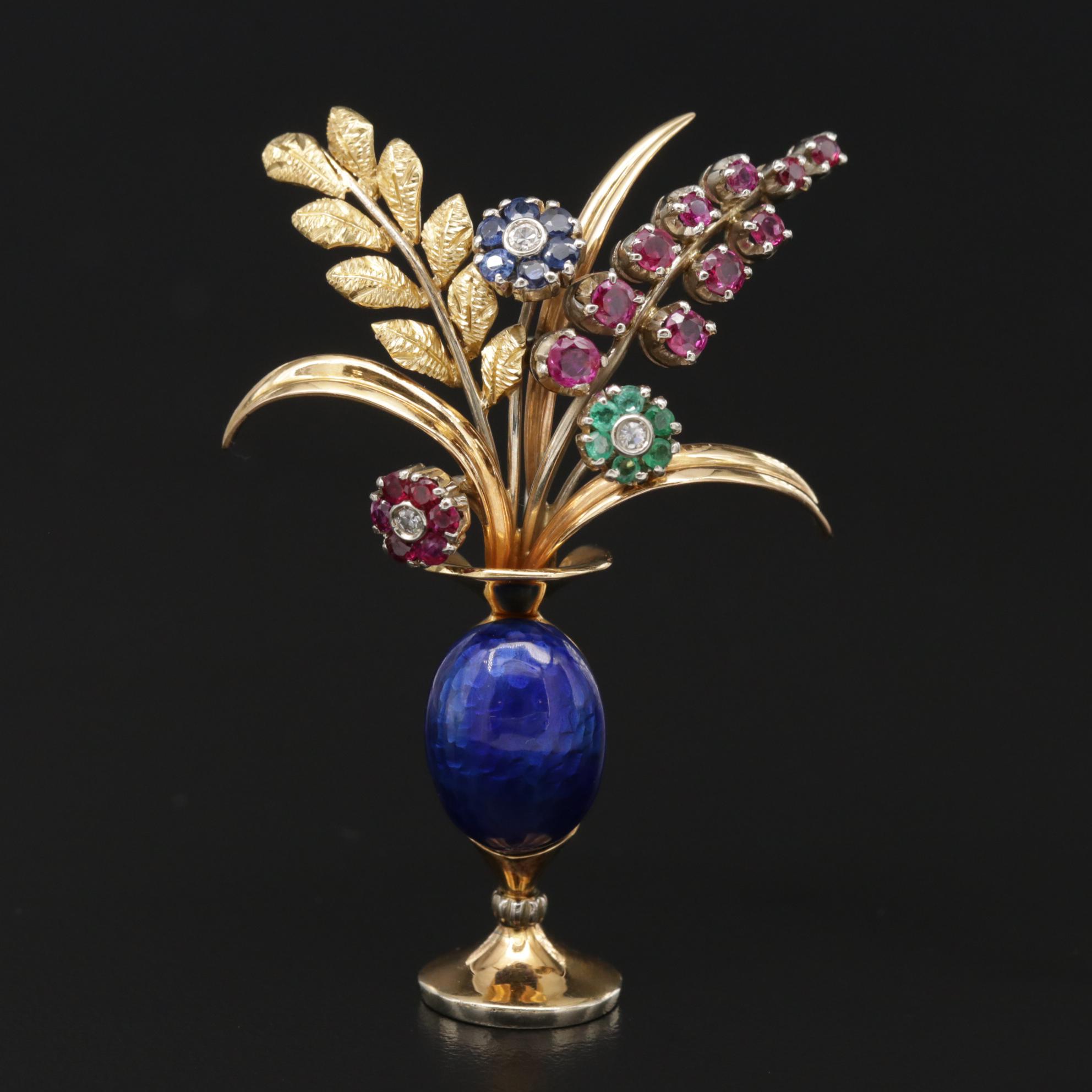 Vintage 18K Yellow Gold Floral Vase Brooch Featuring Ruby, Diamond and ...