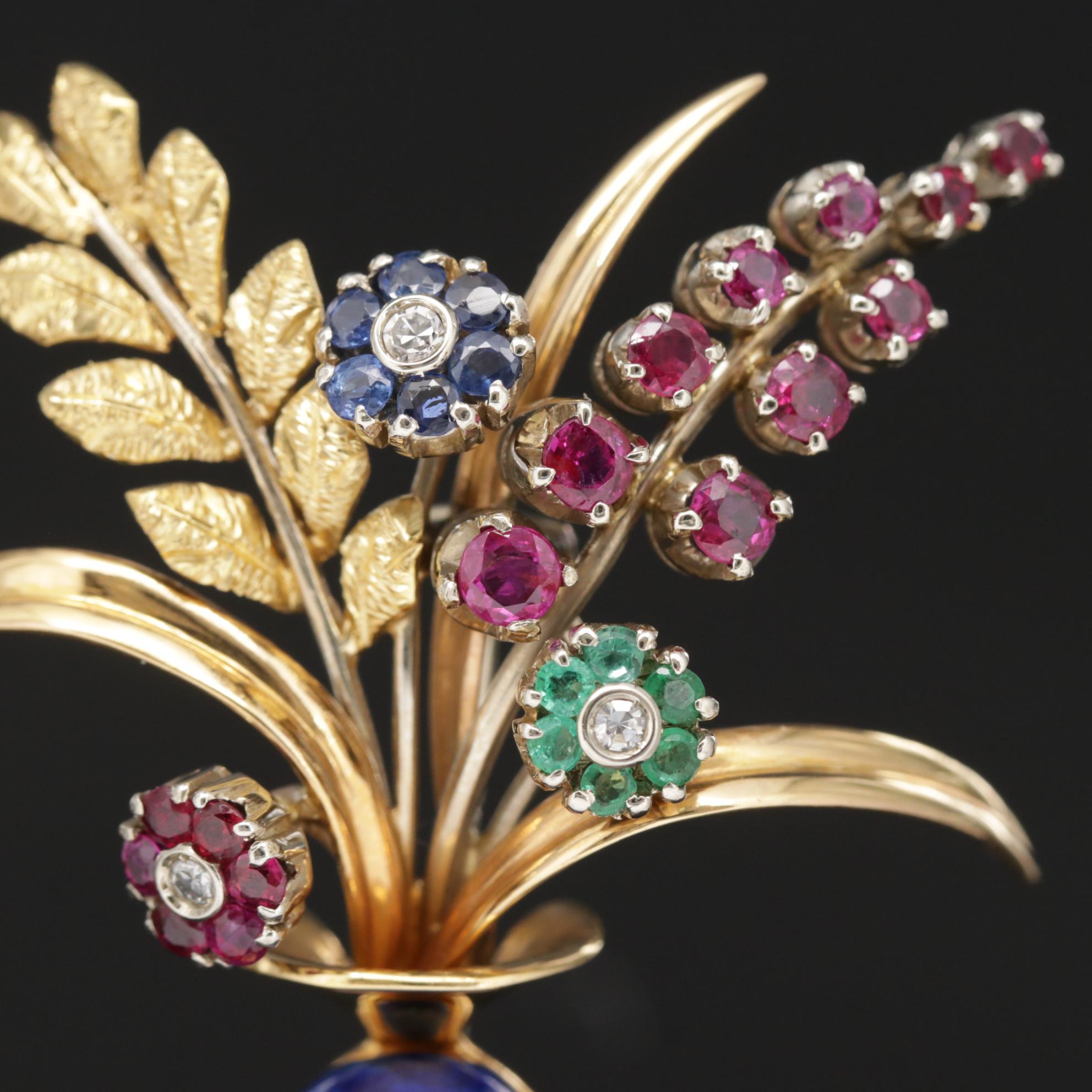 Vintage 18K Yellow Gold Floral Vase Brooch Featuring Ruby, Diamond and ...