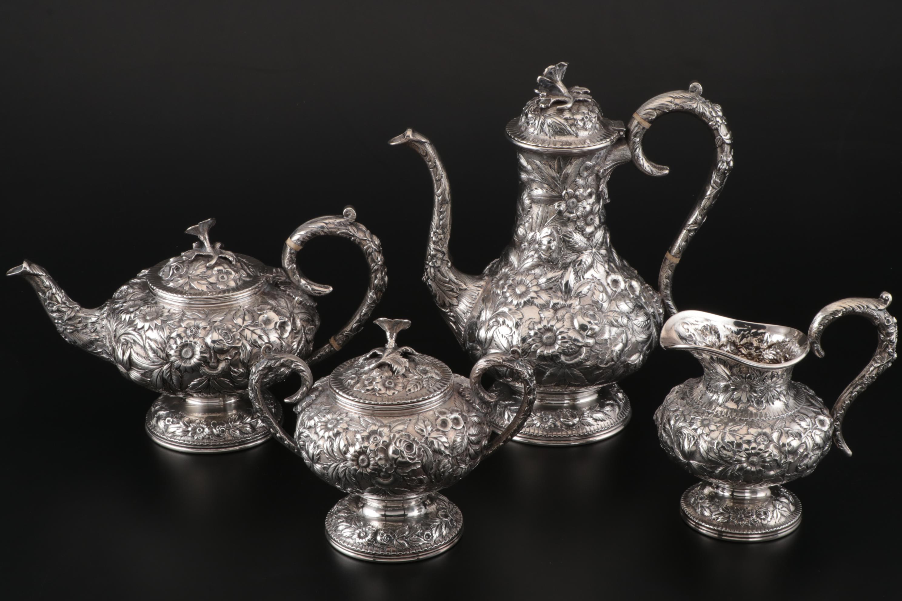 S. Kirk & Son "Repoussé" Hand-Chased Sterling Silver Four-Piece Tea Set ...