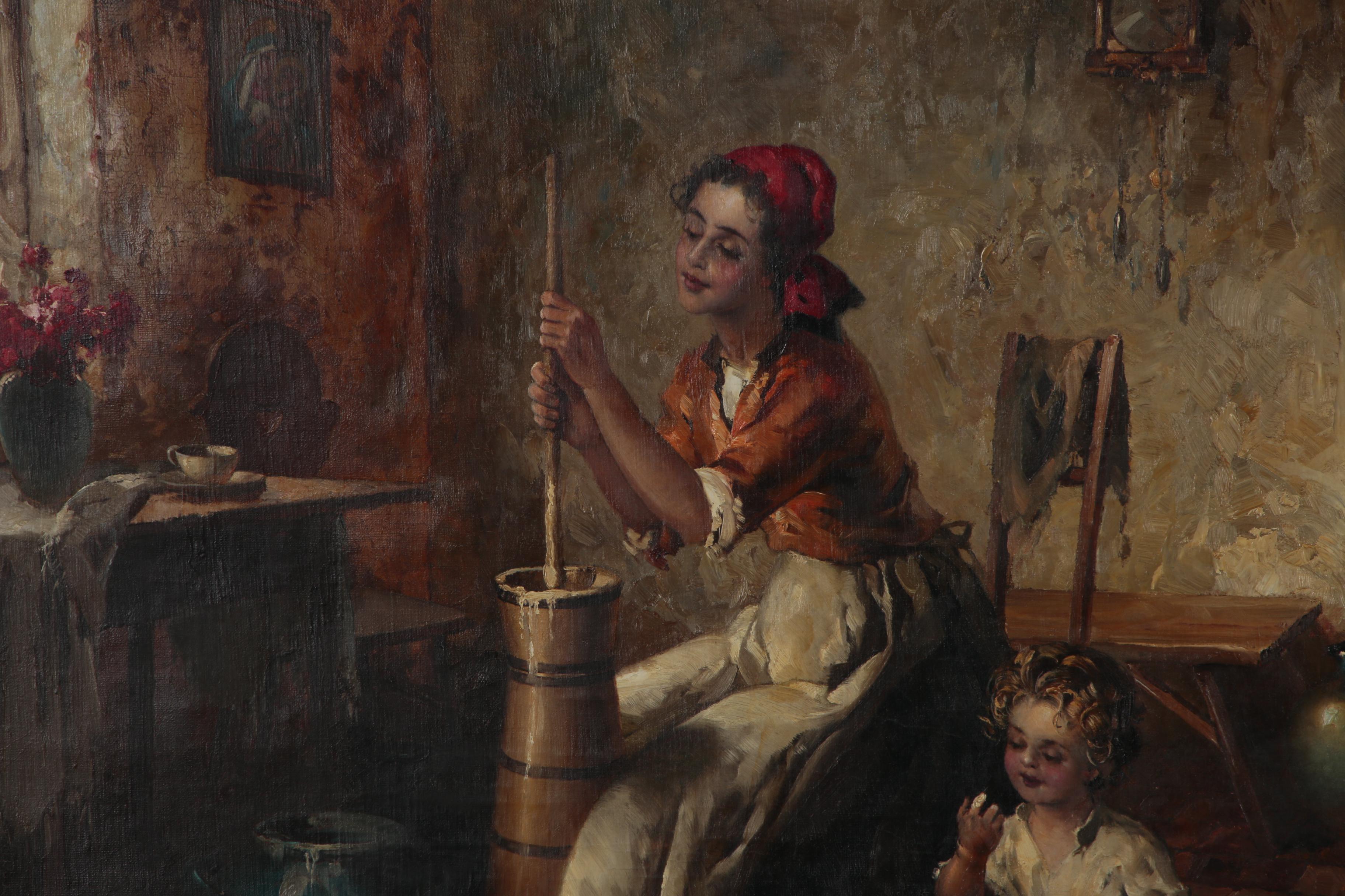 Louis Jambor Oil Painting of Kitchen Interior with Woman Churning ...