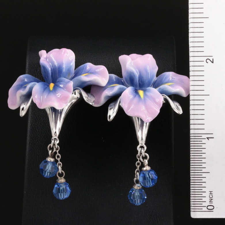 Vintage Franz Crystal and Enamel Iris Earrings | EBTH