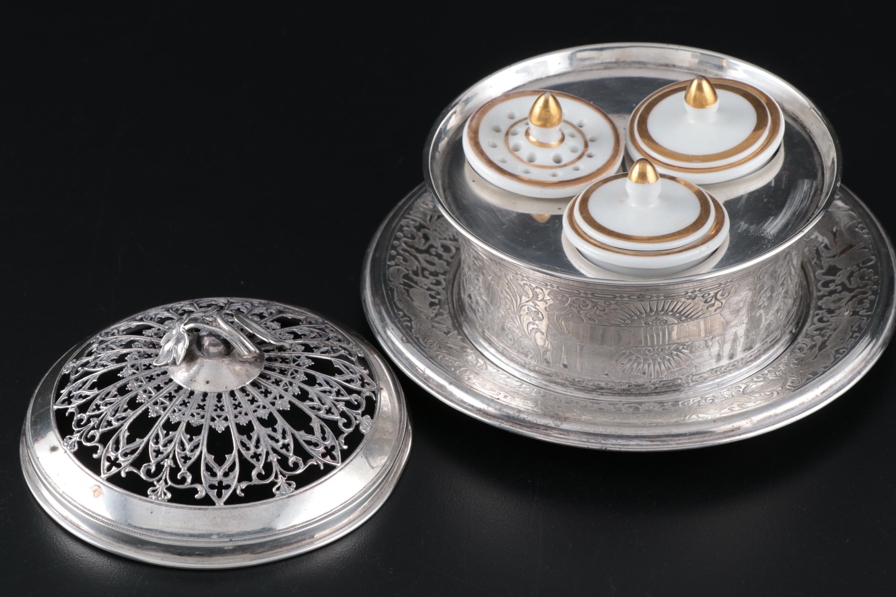 German Gothic Revival 812 Silver and Porcelain Double Inkstand, Mid ...