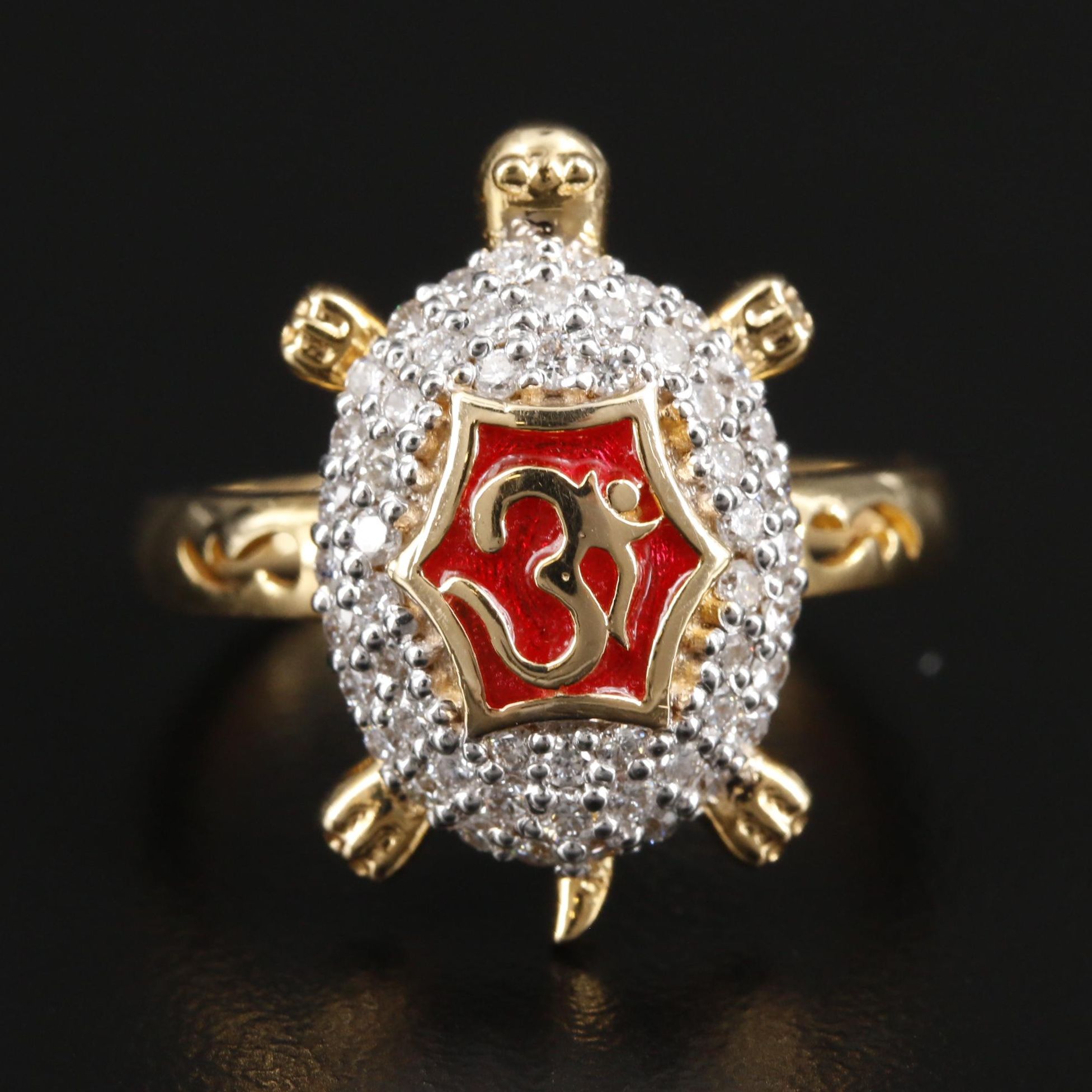 18K Yellow Gold Pavé Diamond Turtle Ring with Ohm Symbol and Enamel ...