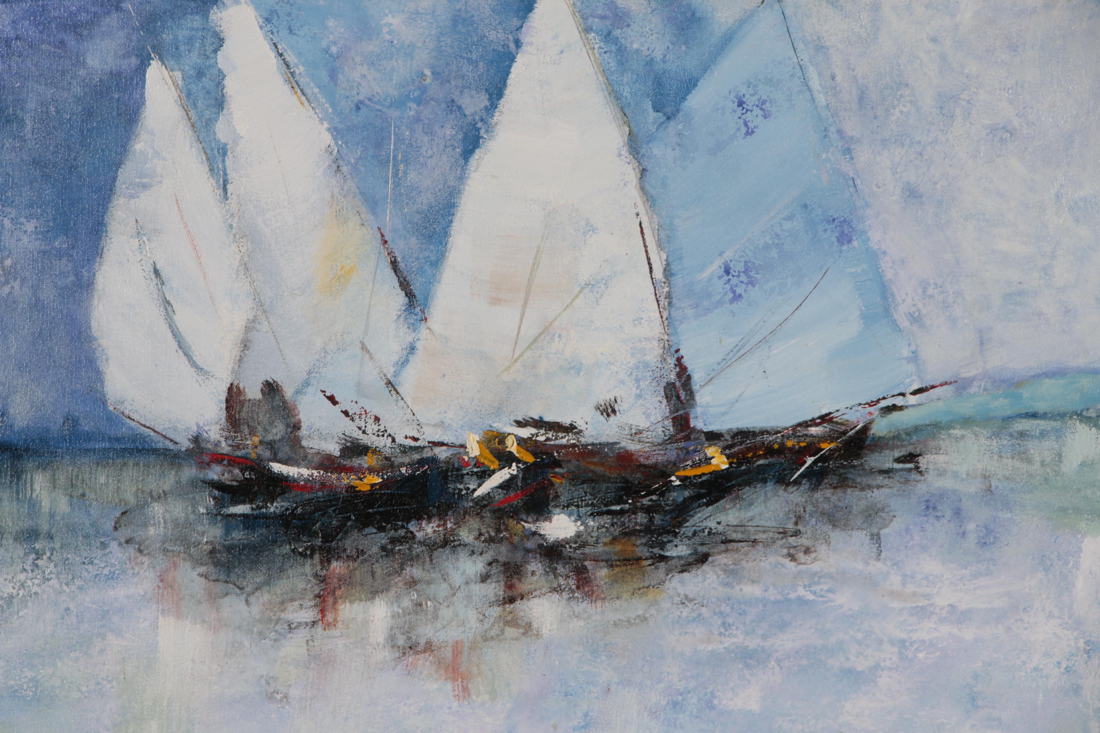 Gaetano Lanata Abstract Oil Painting of Sailboats "Regata" | EBTH