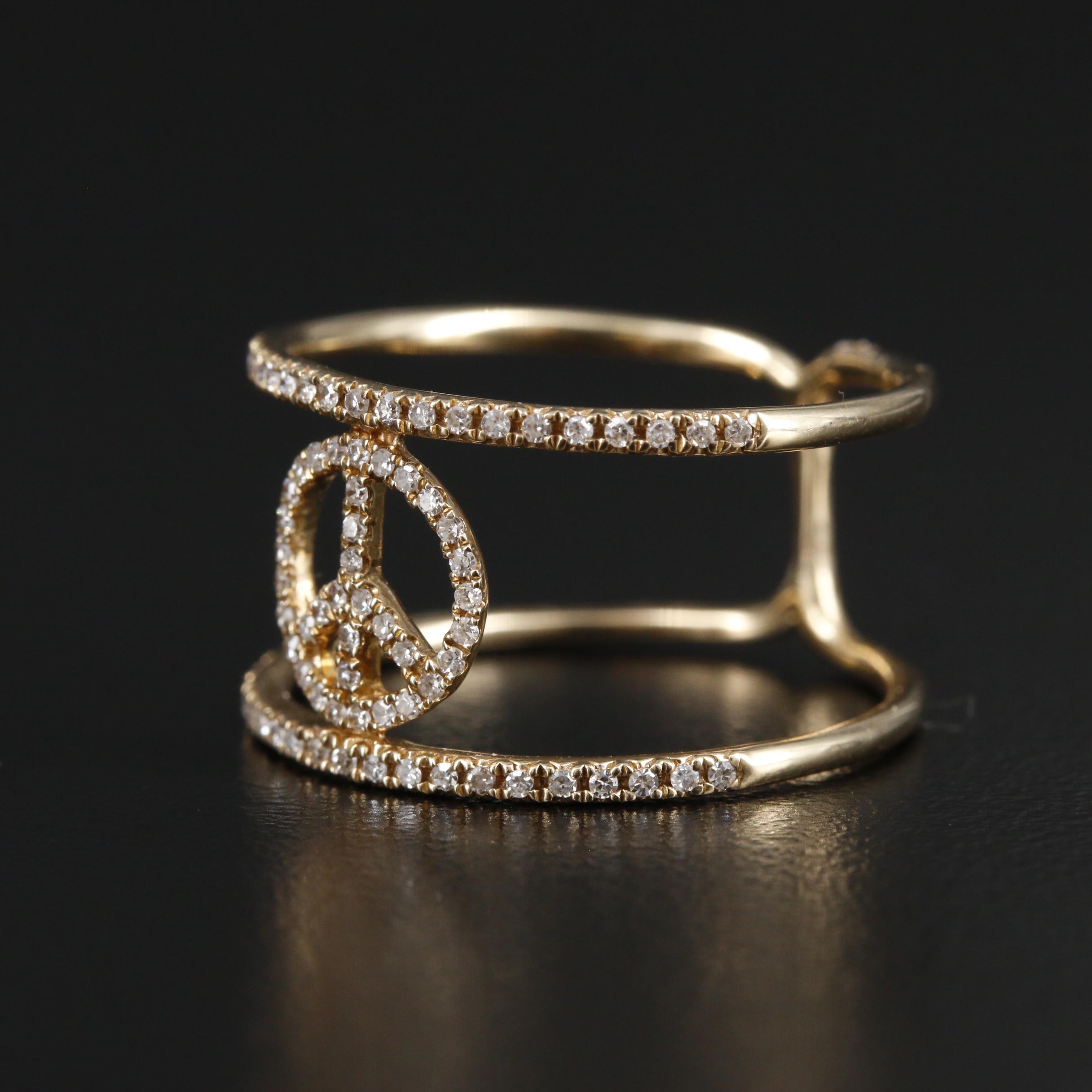 14K Yellow Gold Diamond Peace Sign Ring | EBTH