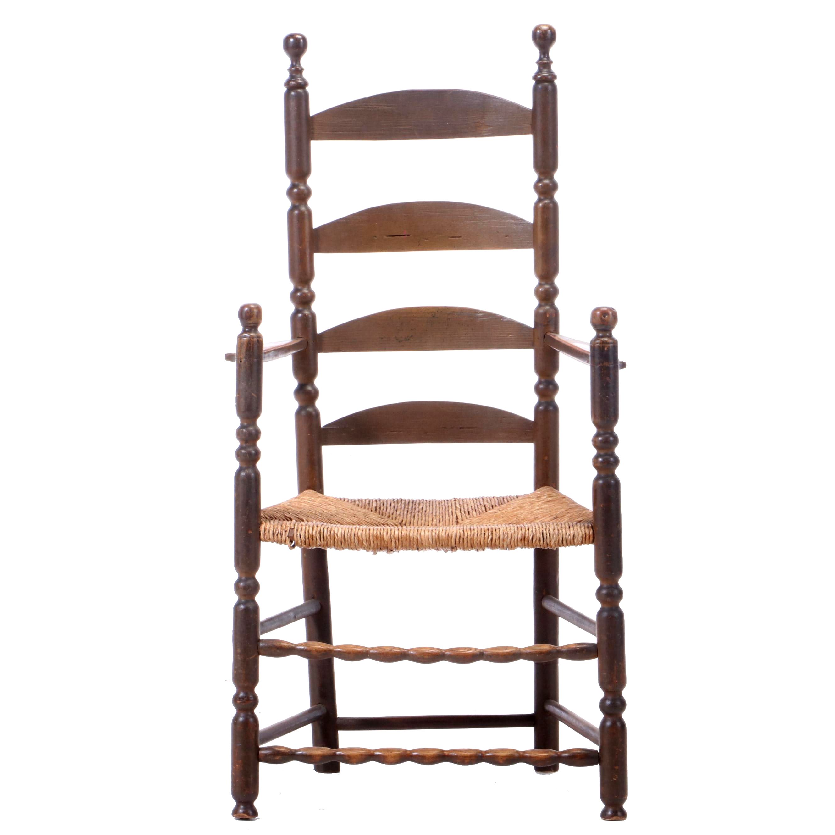 Early American Ladder-Back Armchair with Rush Seat, Early 19th Century ...