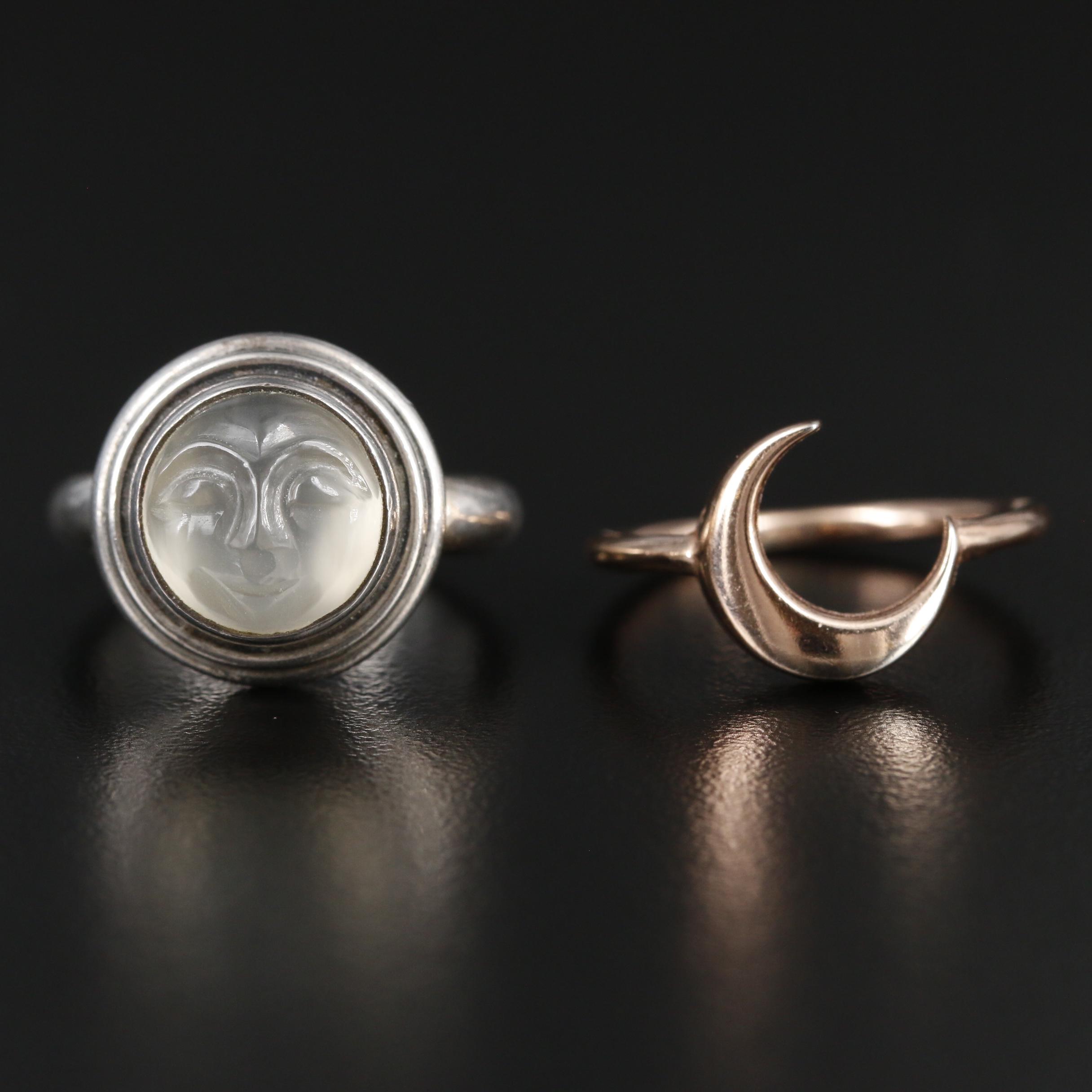 Sterling Silver Sun and Moonstone "Moon Face" Rings | EBTH