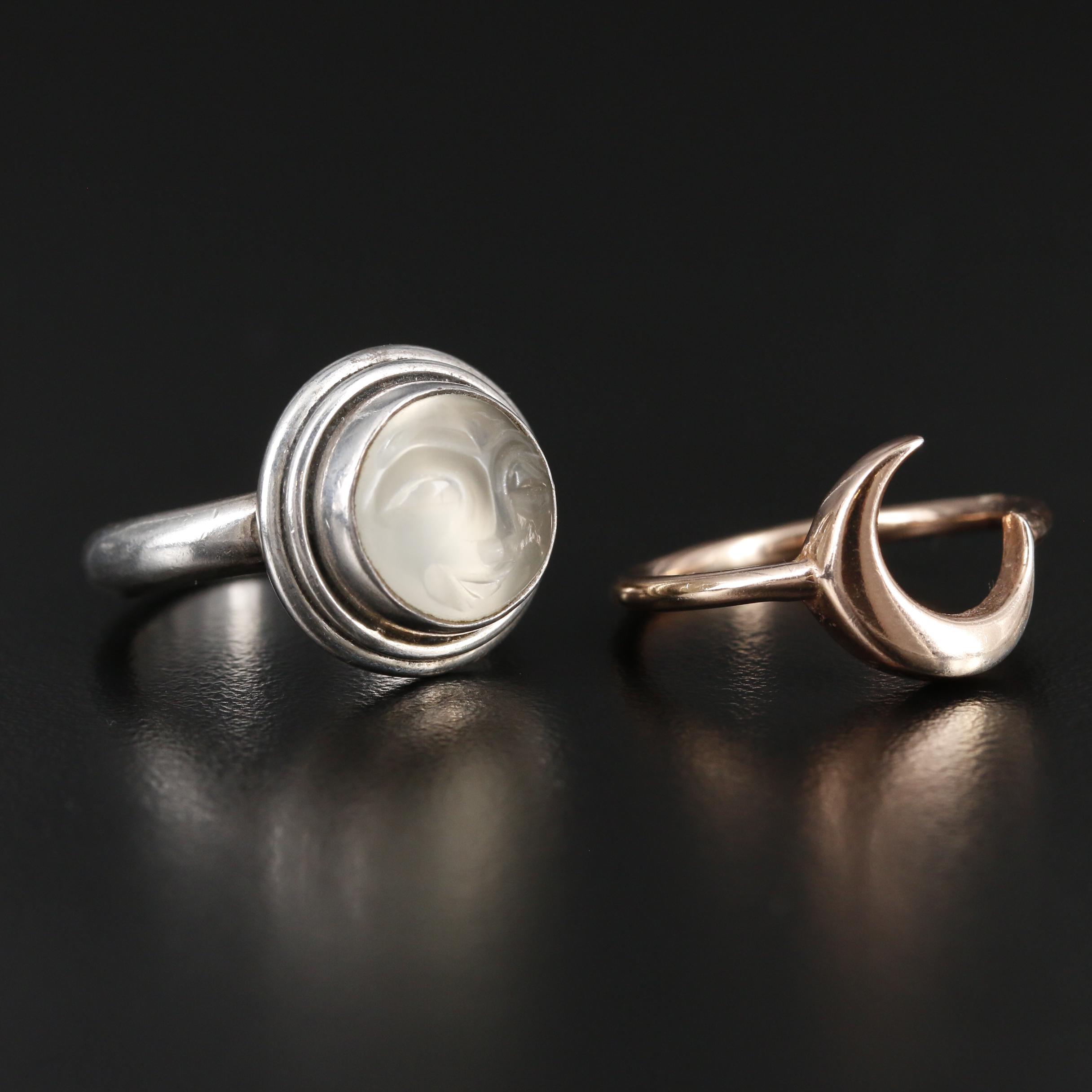 Sterling Silver Sun and Moonstone "Moon Face" Rings | EBTH