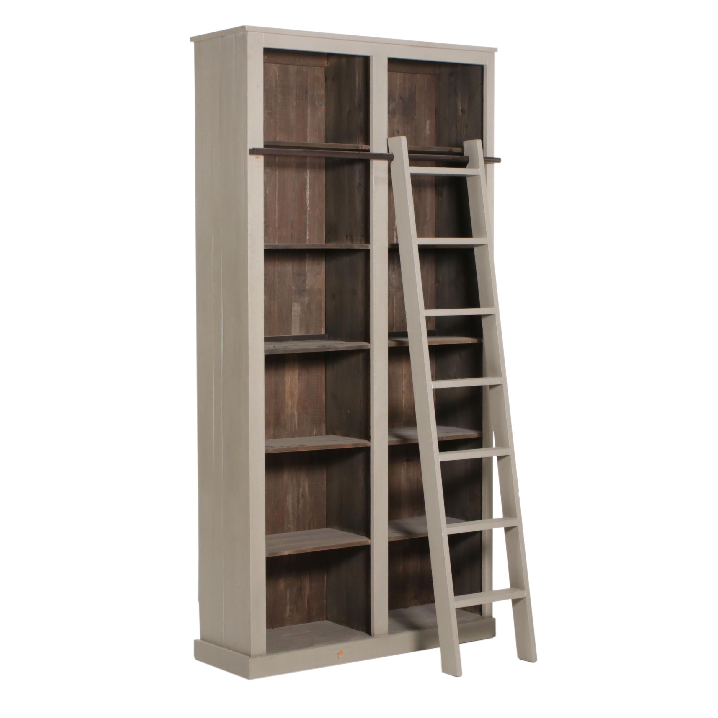 Weathered Rustic Gray Pine Double Library Bookcase with Ladder | EBTH