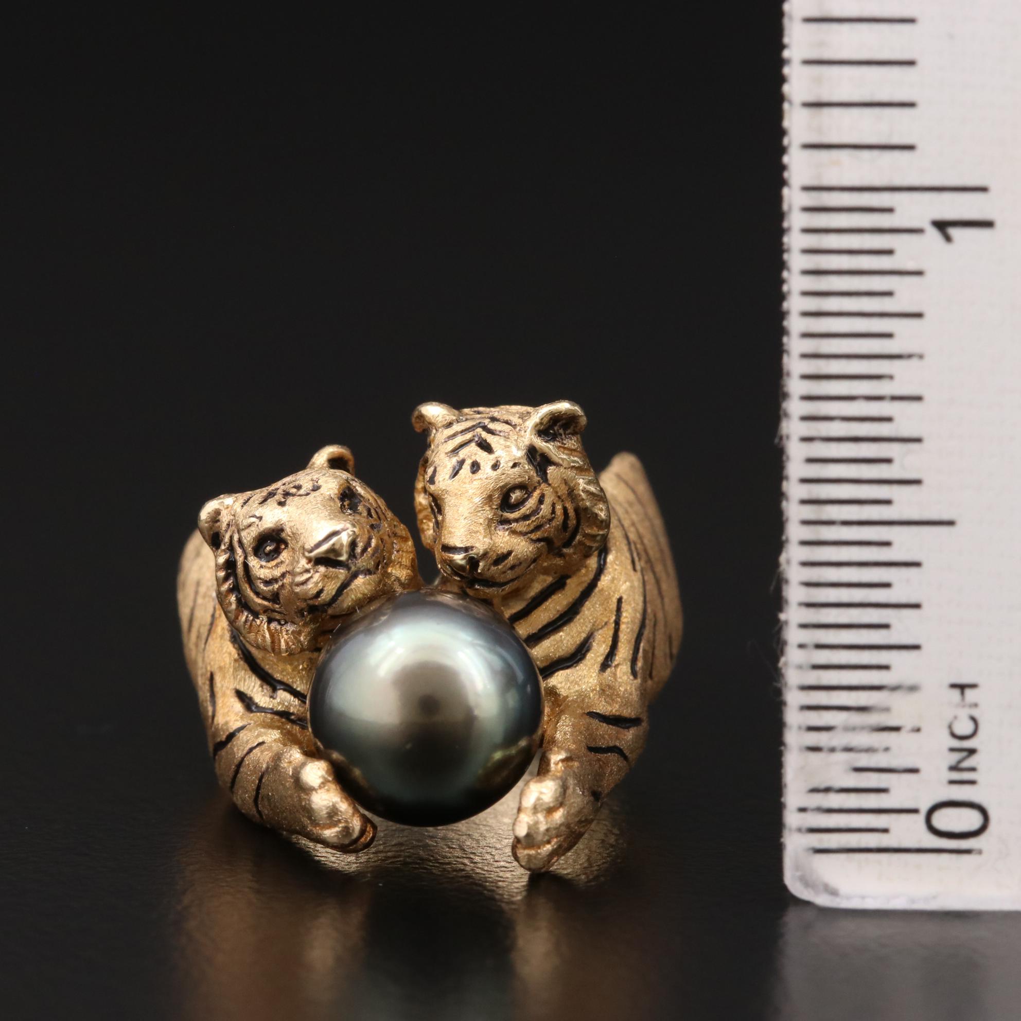 18K Yellow Gold and Black Enamel Double Tiger Pearl Ring | Everything ...