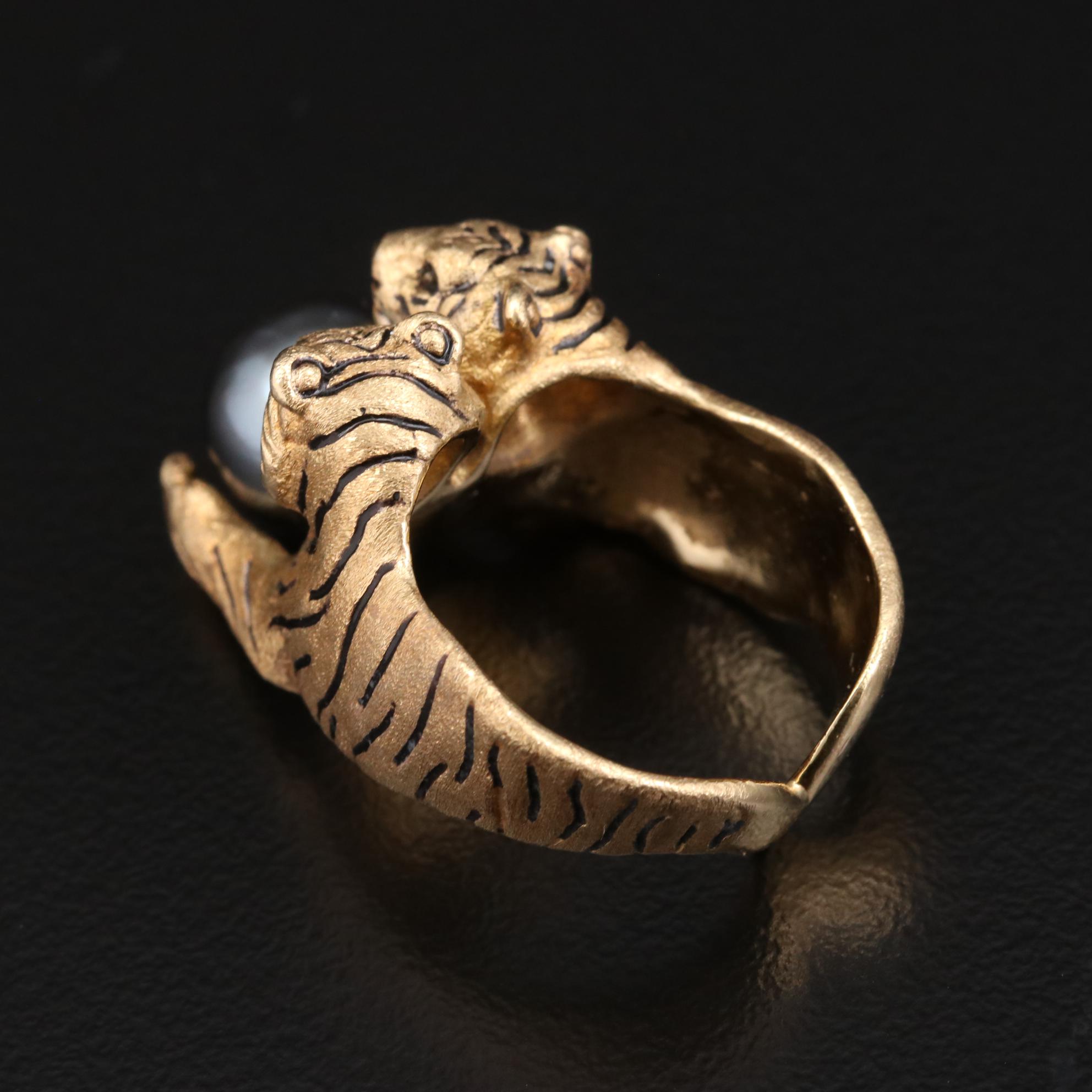 18K Yellow Gold and Black Enamel Double Tiger Pearl Ring | Everything ...