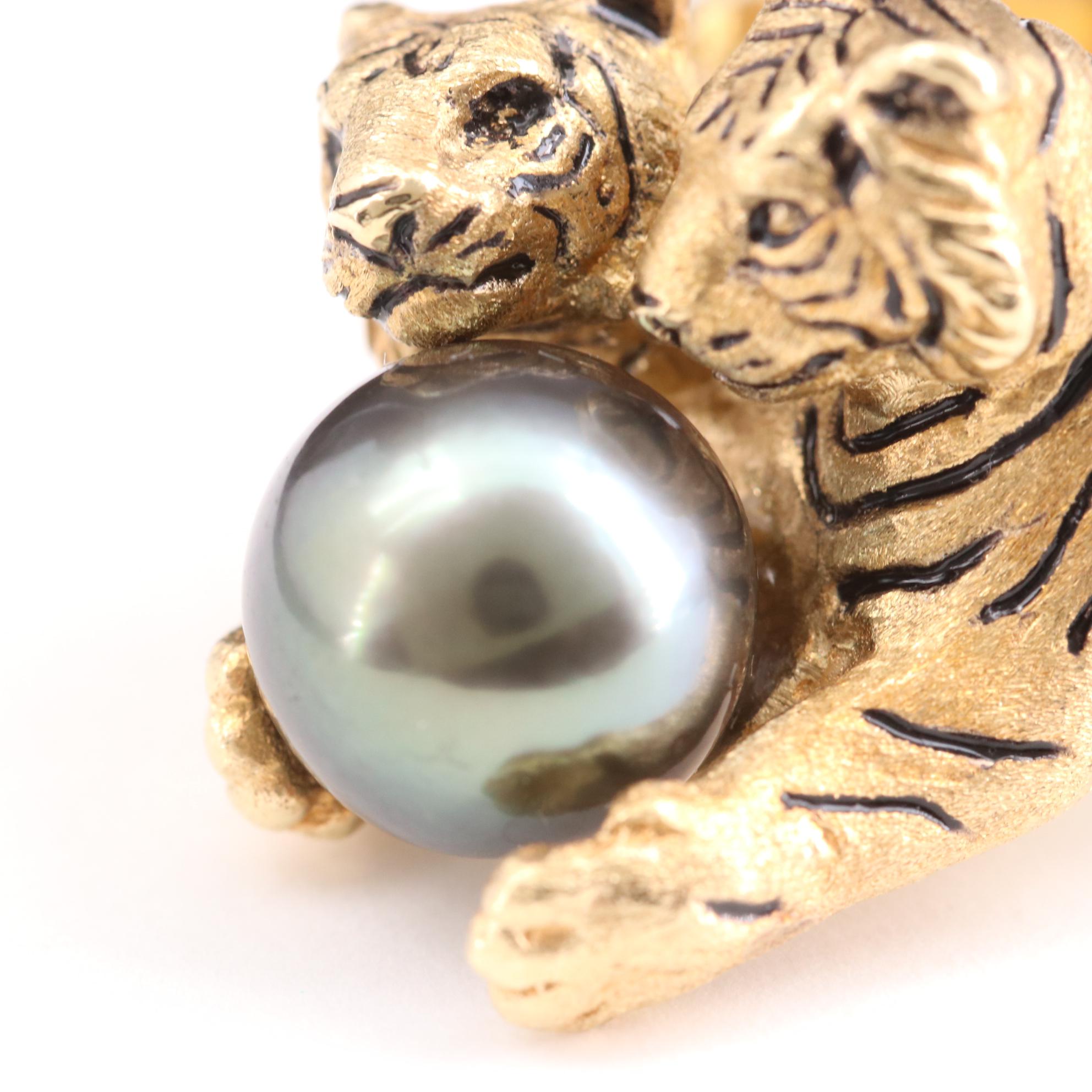 18K Yellow Gold and Black Enamel Double Tiger Pearl Ring | Everything ...