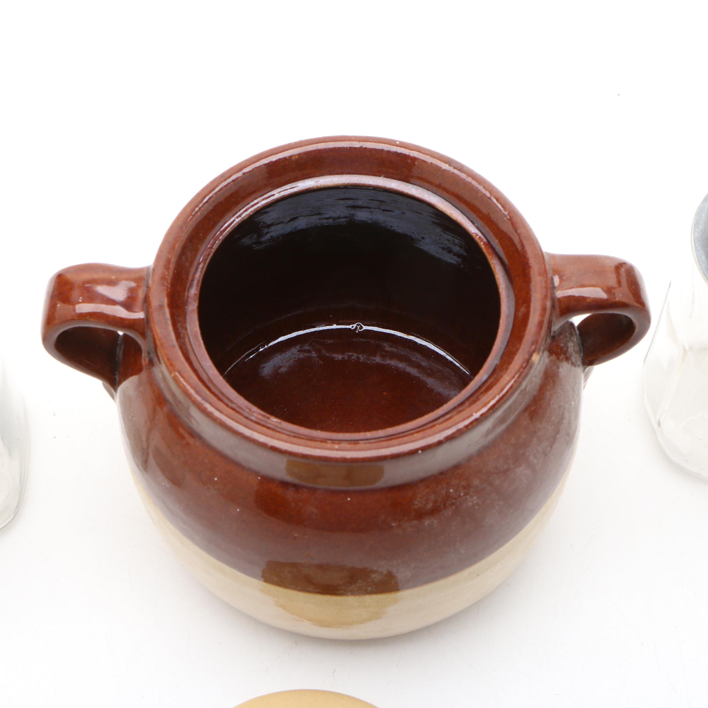 Brown Glazed Earthenware Lidded Bean Pot with Glass Canning Jars | EBTH