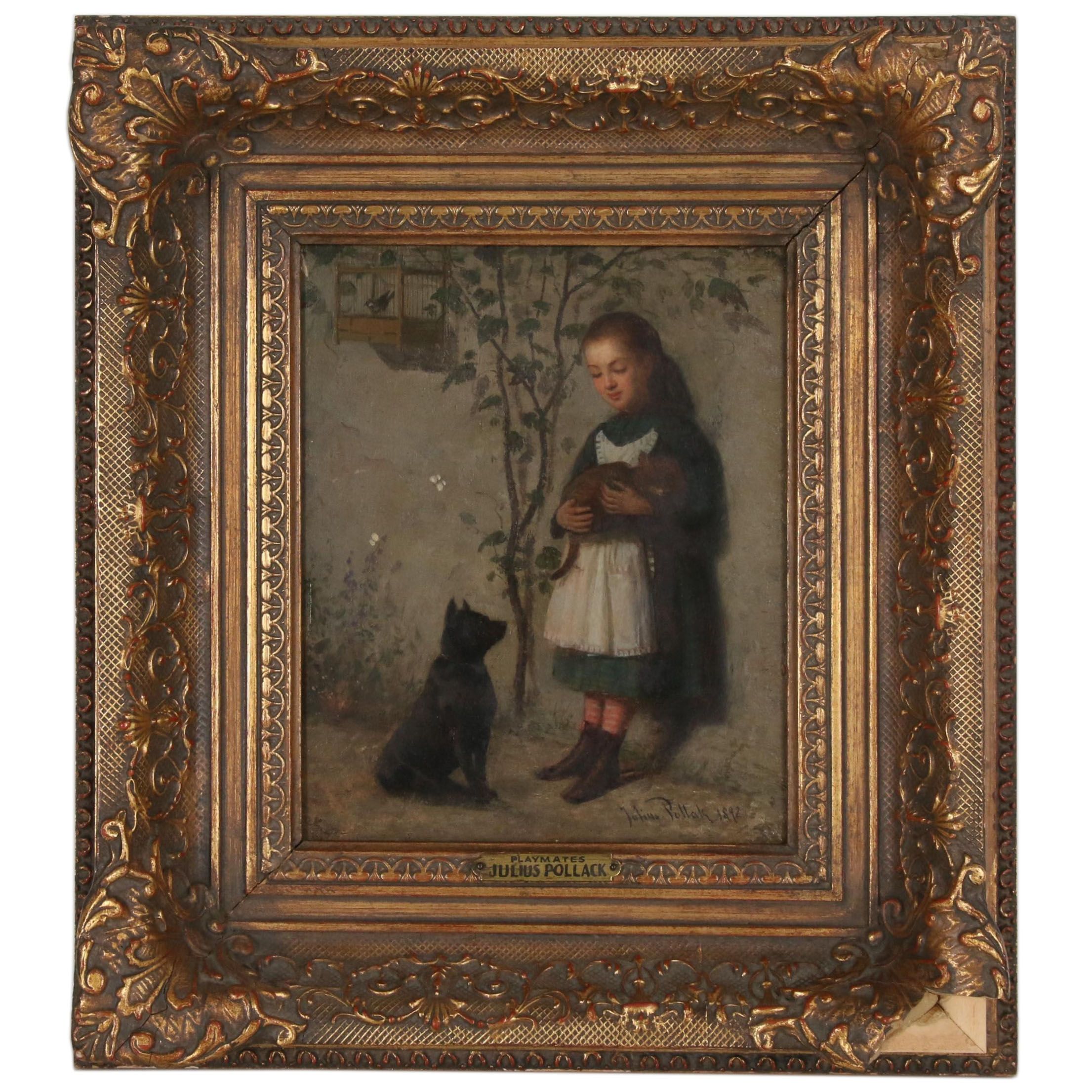 Julius Pollak Oil Painting of Young Girl with Animals, 1892 | EBTH